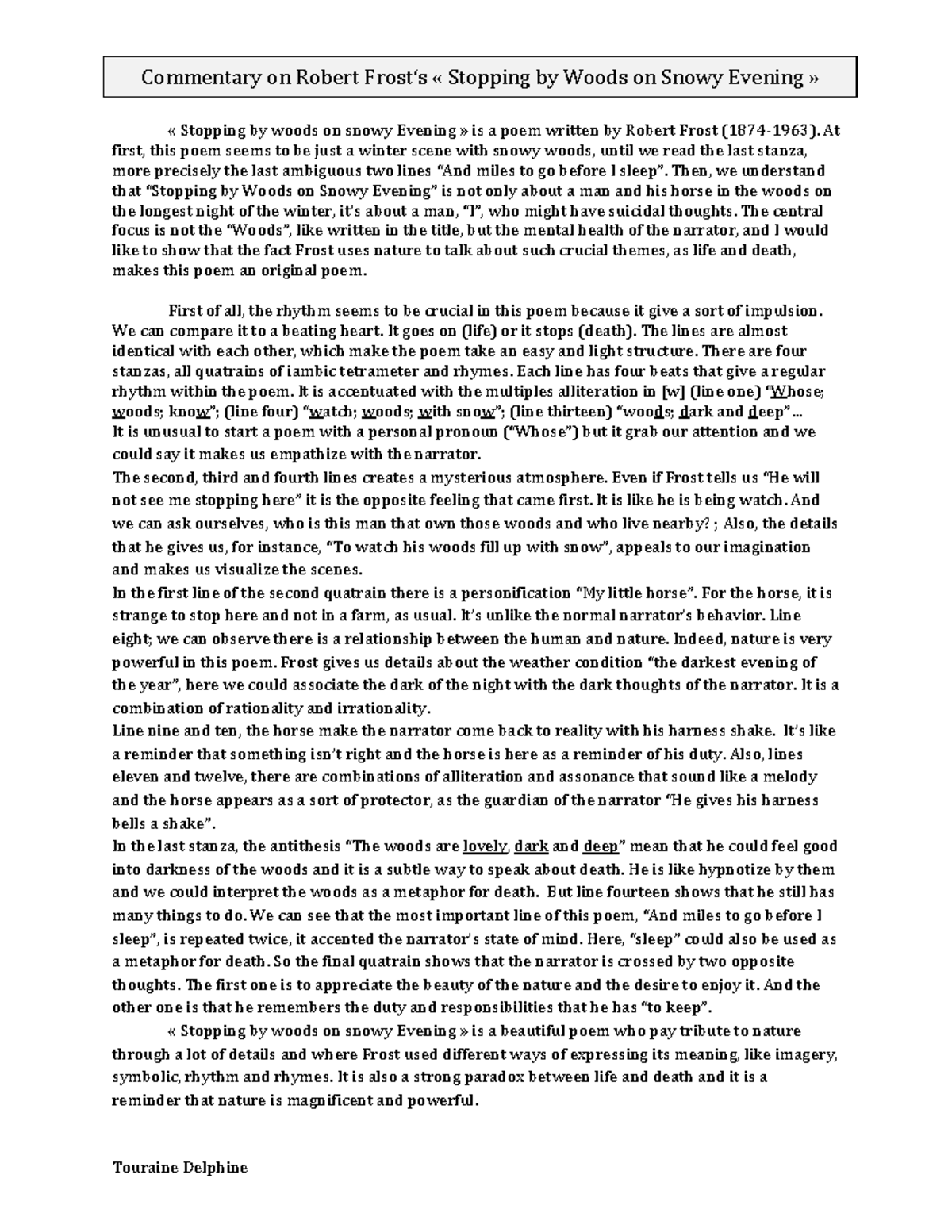 Commentary poem - Commentary on Robert Frost‘s « Stopping by Woods on ...