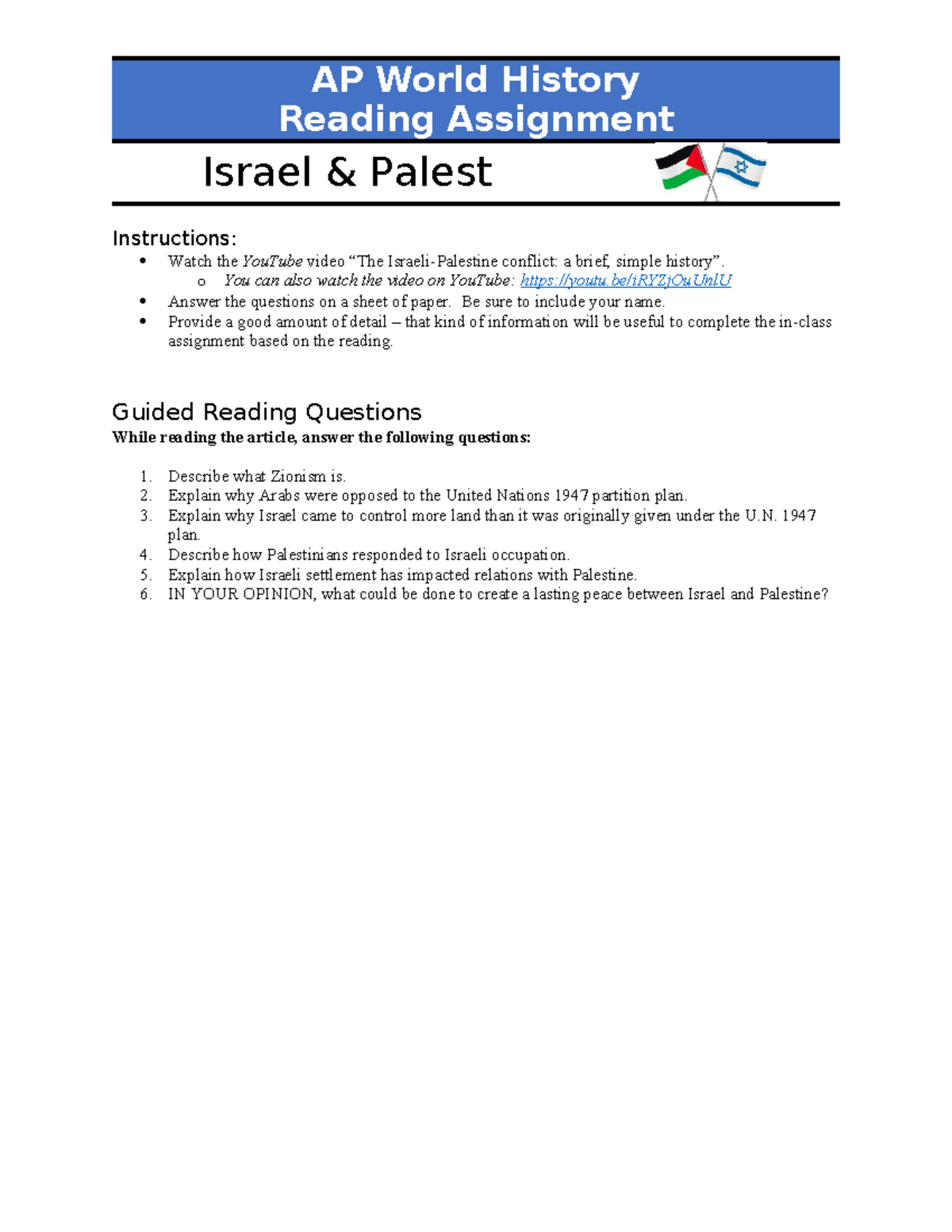 APWH - Reading 6A - Israel and Palestine - AP World History Reading ...