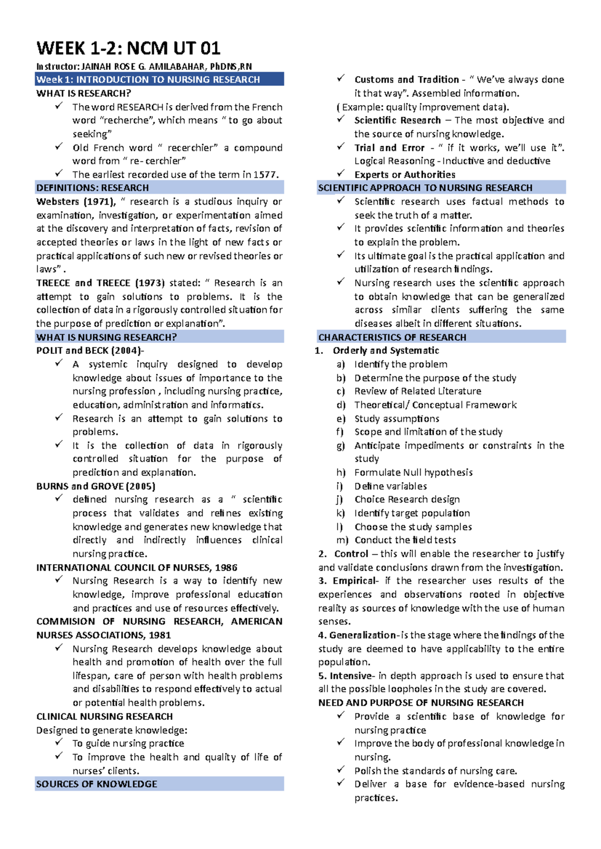 CHAPTER 1 - UT 111 - WEEK 1- 2 : NCM UT 01 Instructor: JAINAH ROSE G ...