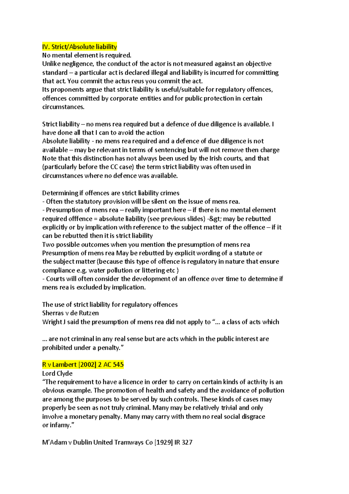 Strict Absolute liability notes - IV. Strict/Absolute liability No ...