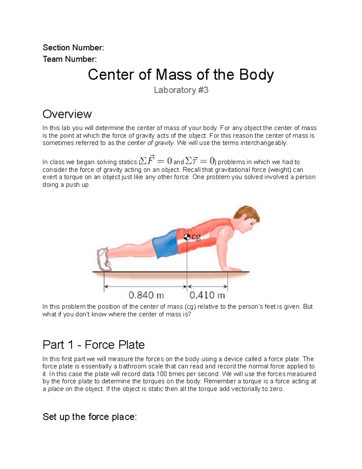 Lab 3 Center of Mass of the Body Kin247 - Section Number: Team Number ...