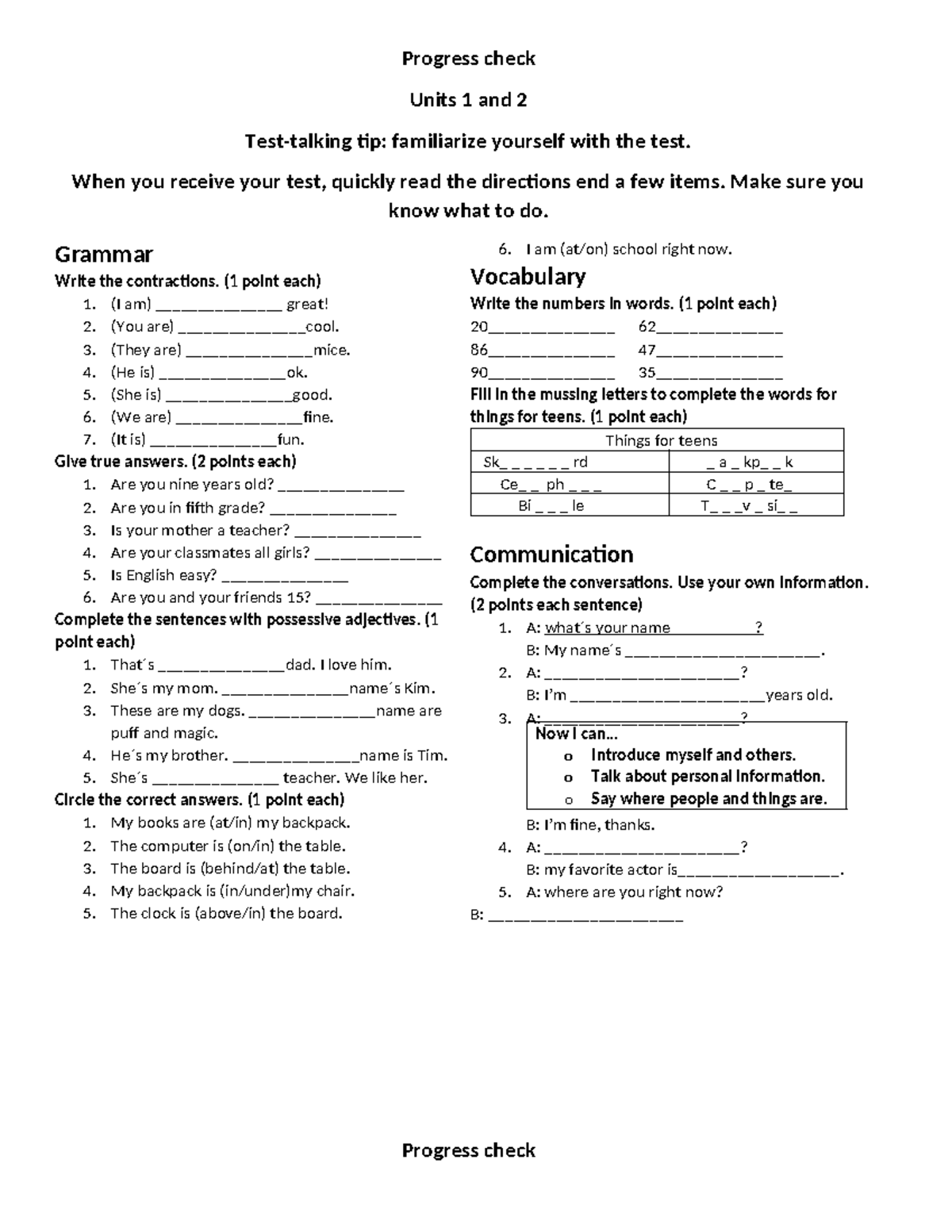 Examen de Ingles - Progress check Units 1 and 2 Test-talking tip ...