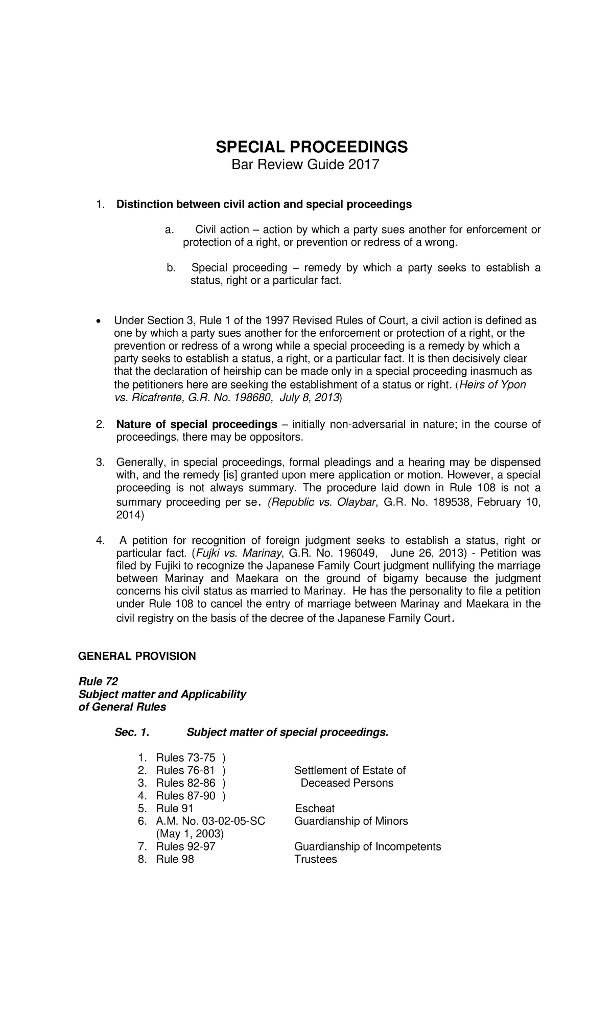 Special Proceedings BAR Review Guide 2017 - SPECIAL PROCEEDINGS Bar ...