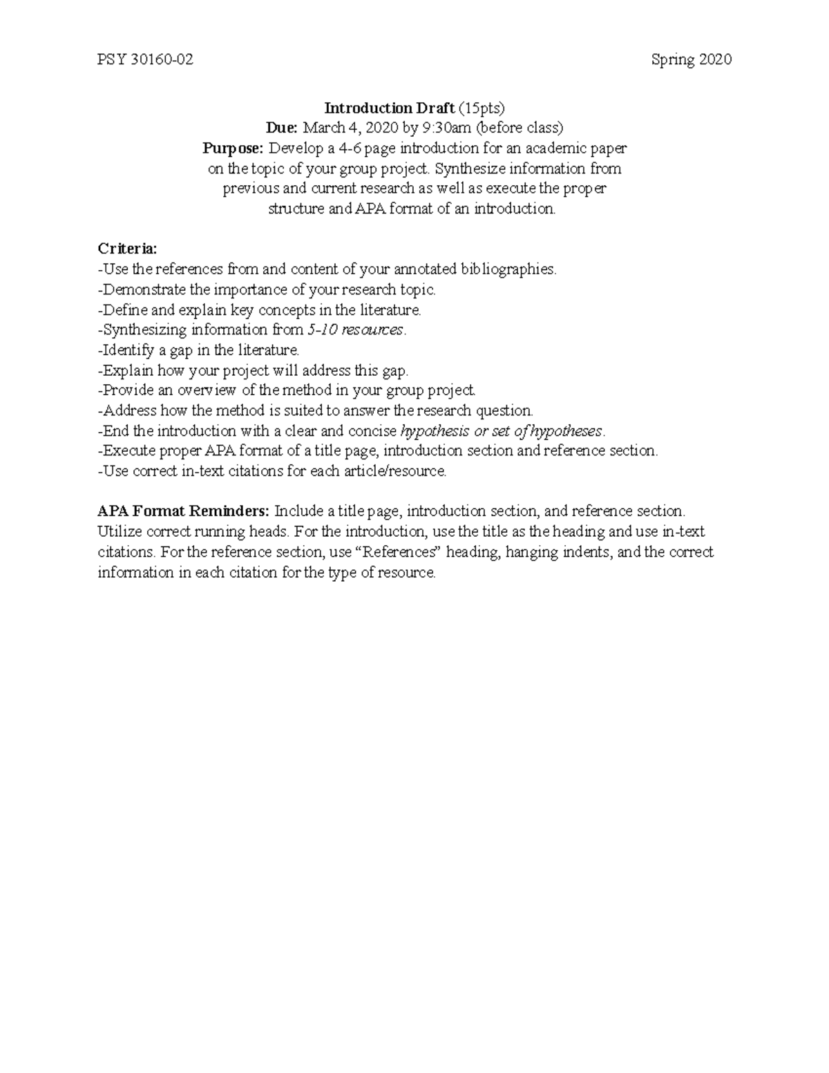 Intro Draft Requirements - PSY 30160-02 Spring 2020 Introduction Draft ...