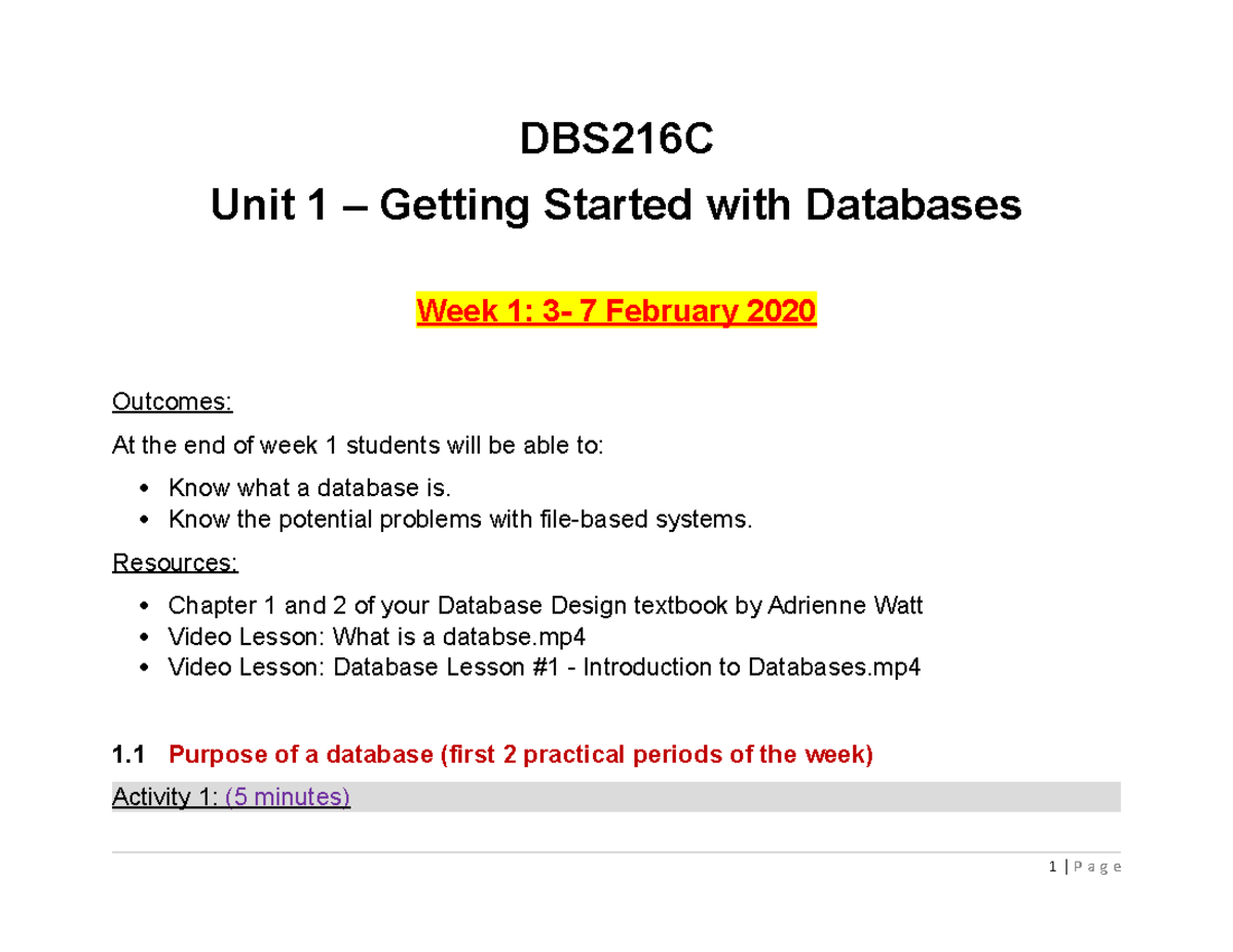 Lesson Layout For Unit 1 Updated 6 February Dbs216c Unit 1 Getting Started With Databases