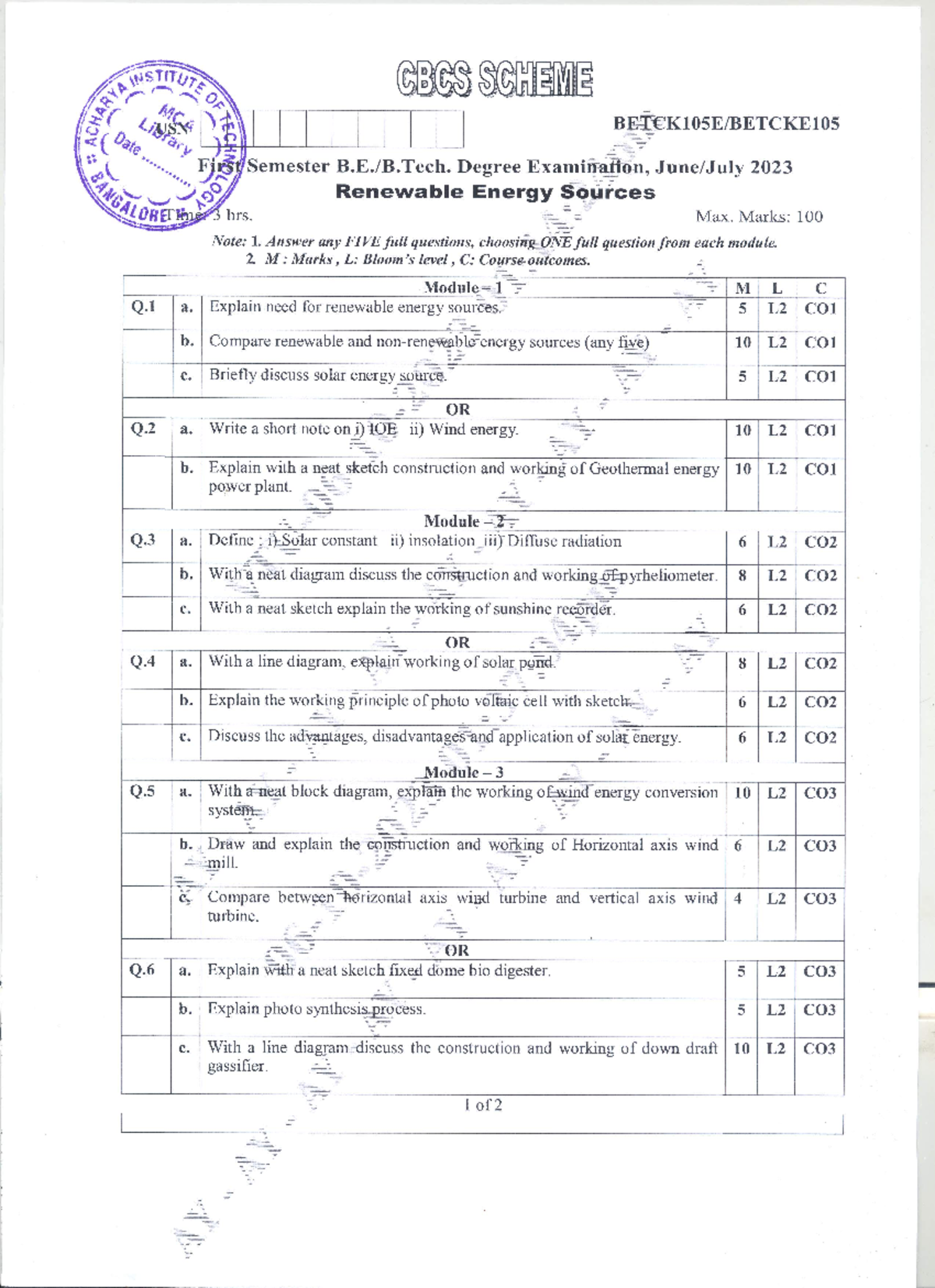 Betck 105E- Betcke 105 - Old VTU Question paper of the Course Renewable ...