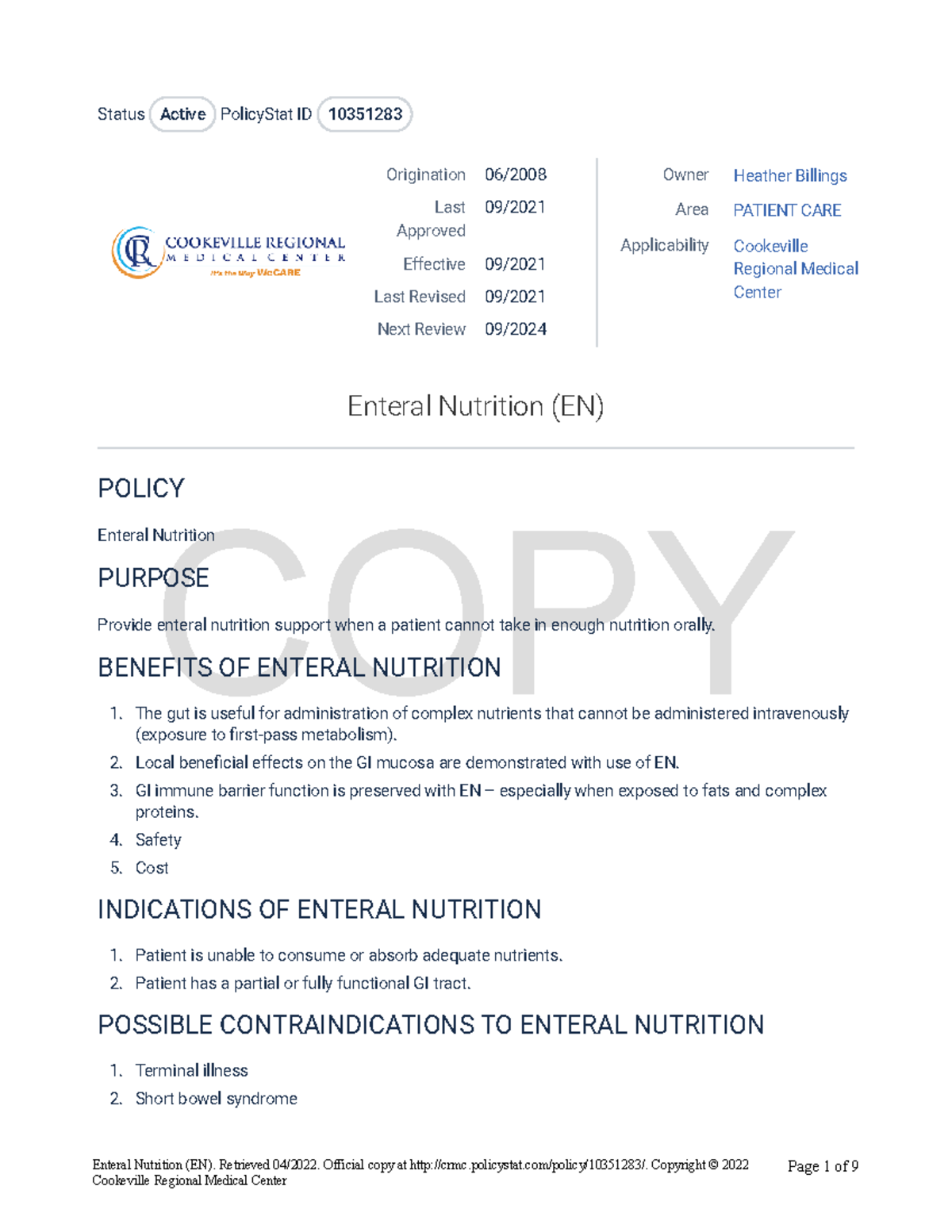 Enteral Nutrition -EN - COPY Status Active PolicyStat ID 10351283 ...