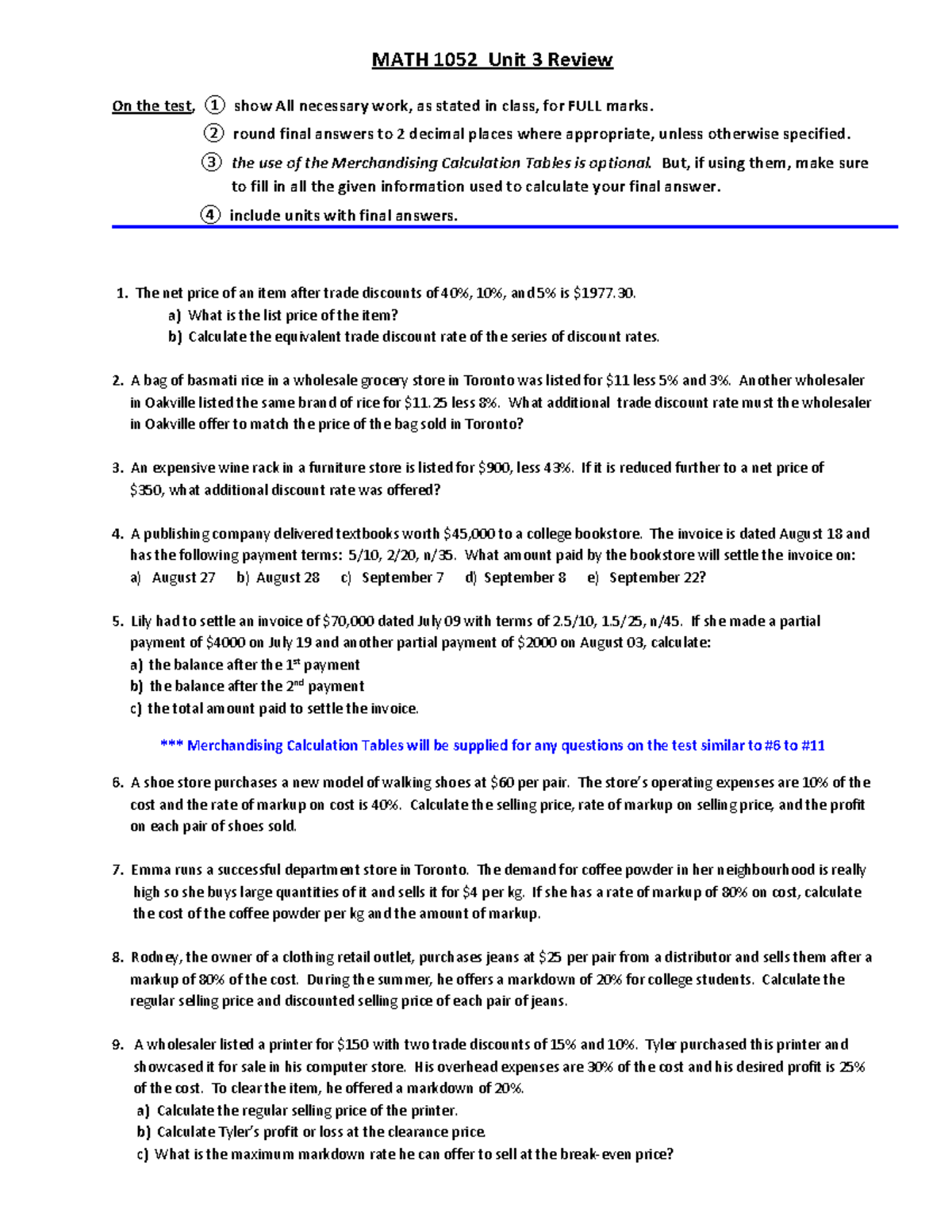 Unit 3 Review - MATH 1052 Unit 3 Review On the test, ① show All ...