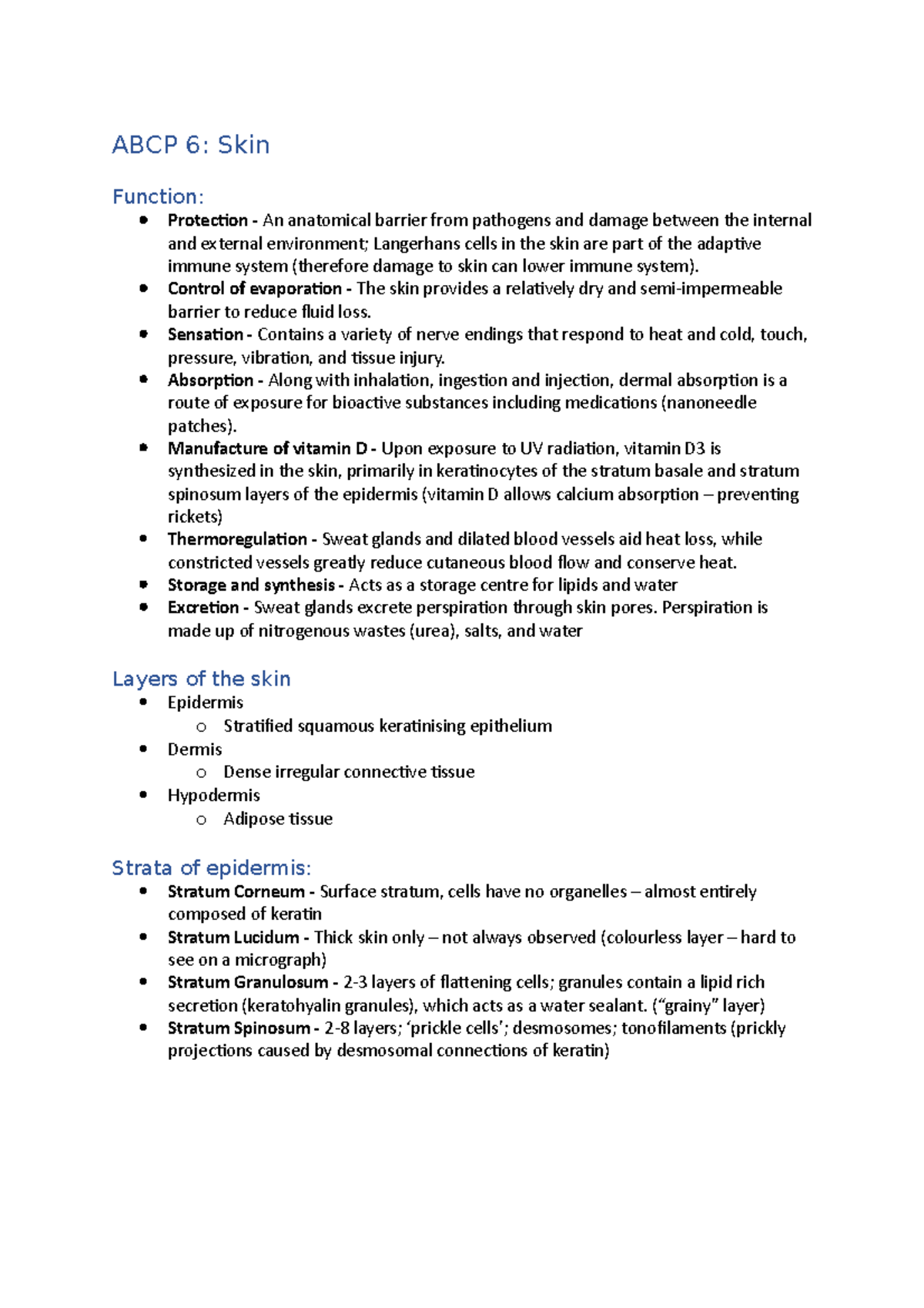 ABCP 6 - Skin - Lecture notes 6 - ABCP 6: Skin Function: Protection ...