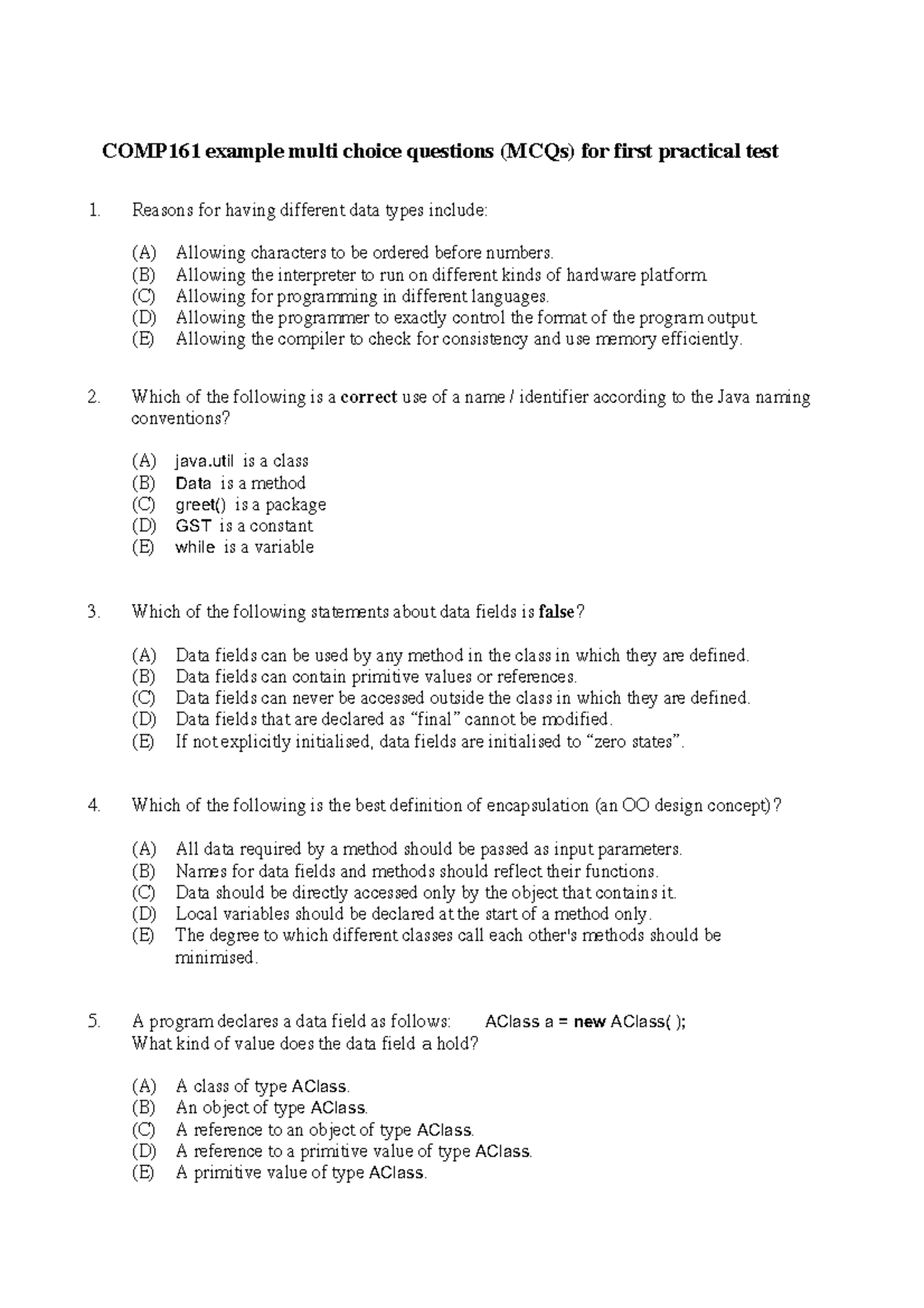 161 MCQ mid practice - Practise MCQ questions for mid sem test COMP161 ...