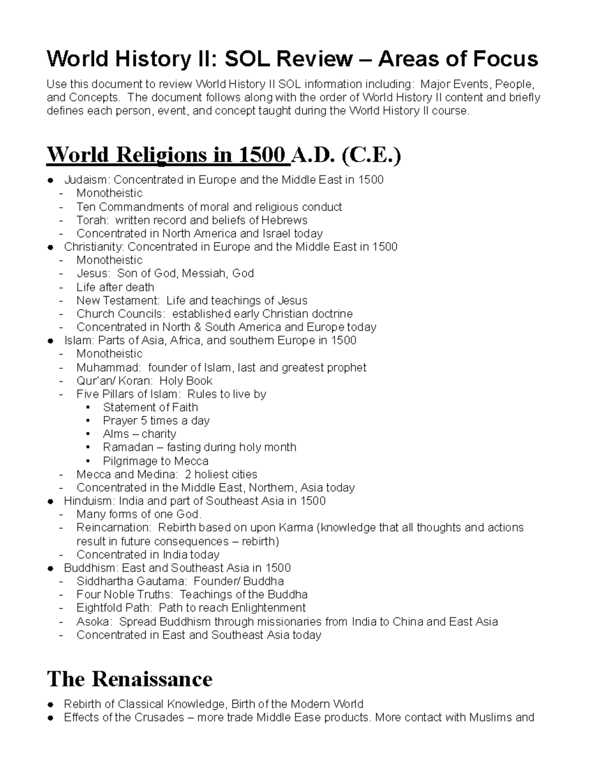 World history II SOL Focus 2023 - World History II: SOL Review – Areas ...