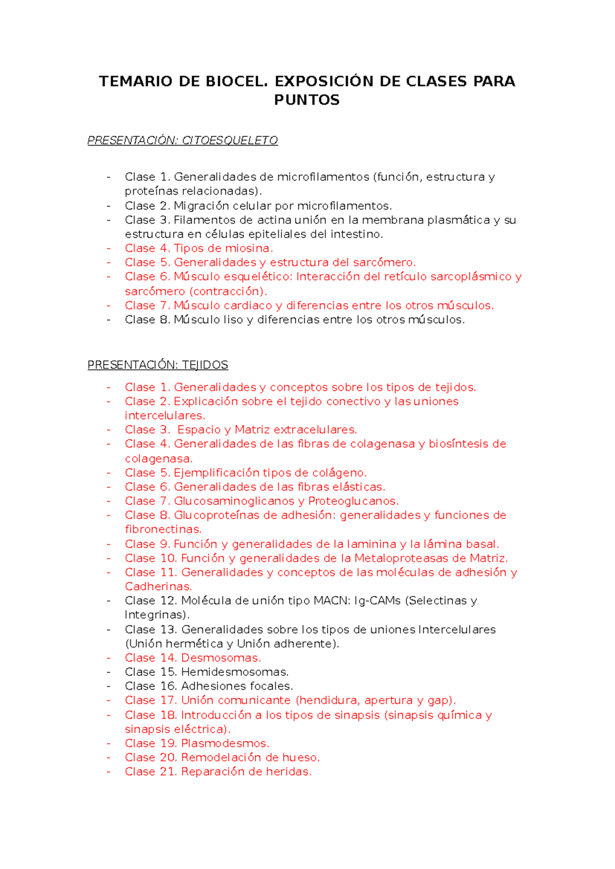 Temario DE Biocel pa compañeros - TEMARIO DE BIOCEL. EXPOSICIÓN DE CLASES PARA PUNTOS ...