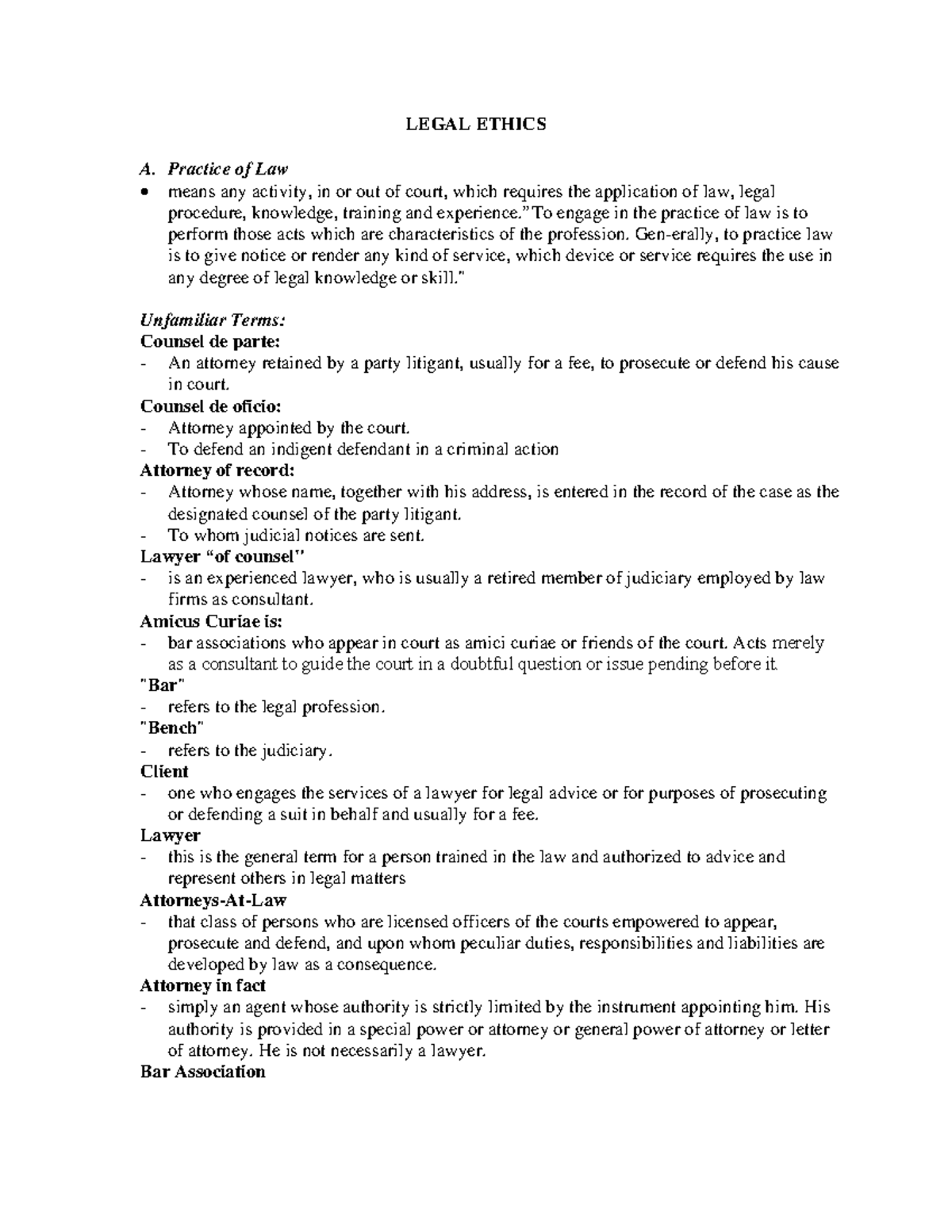 Final Notes - Practice material - LEGAL ETHICS A. Practice of Law means ...