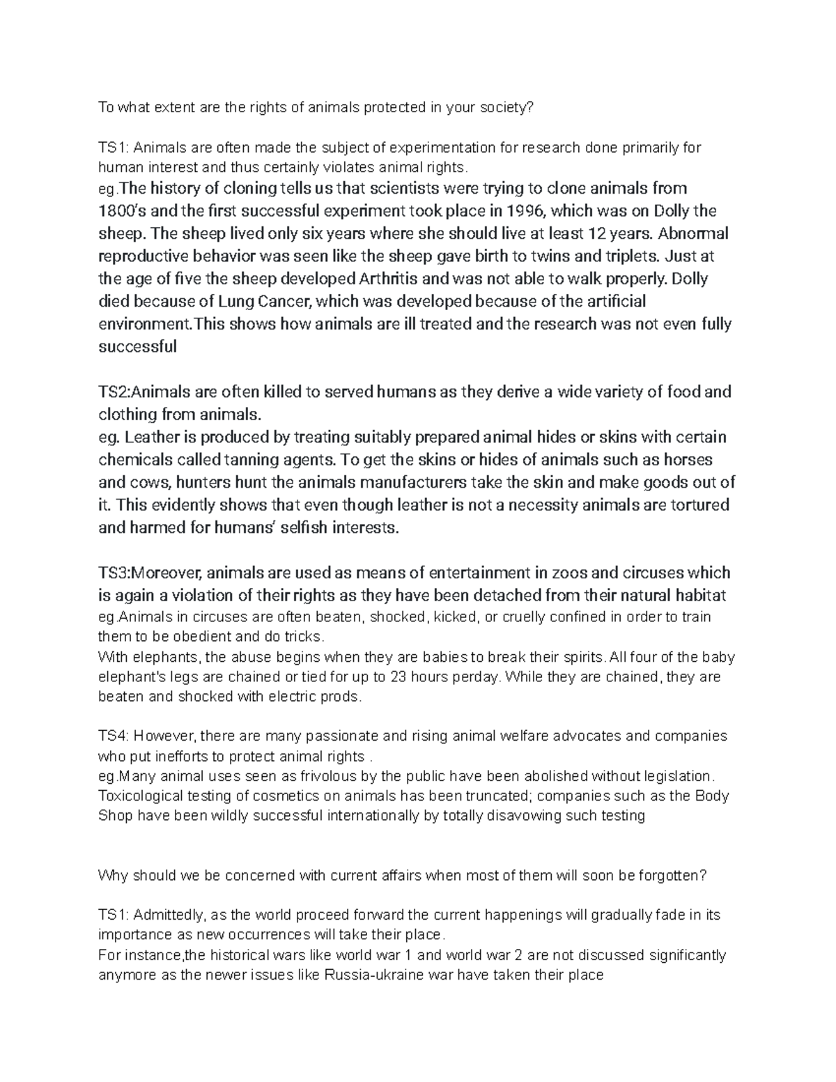 Essay outlines - out;lines - To what extent are the rights of animals ...