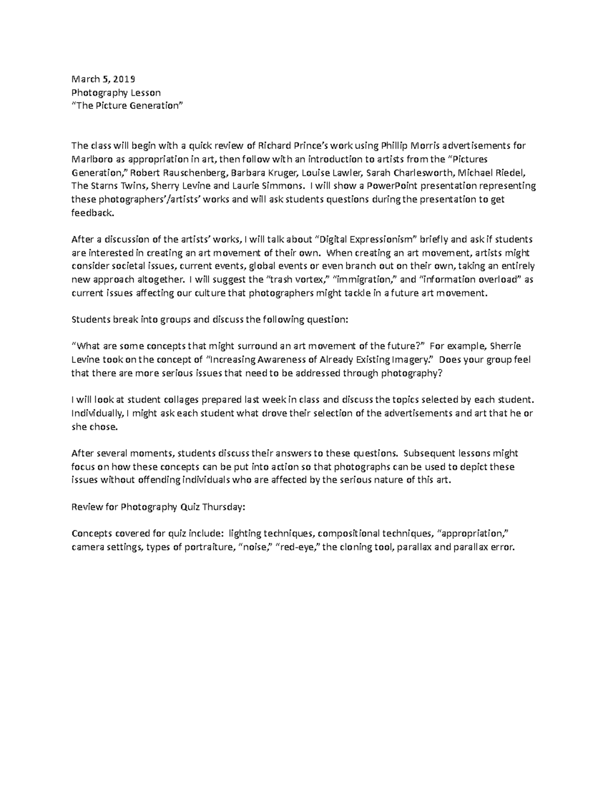 Lesson Plan 3 - March 5, 2019 Photography Lesson “The Picture ...