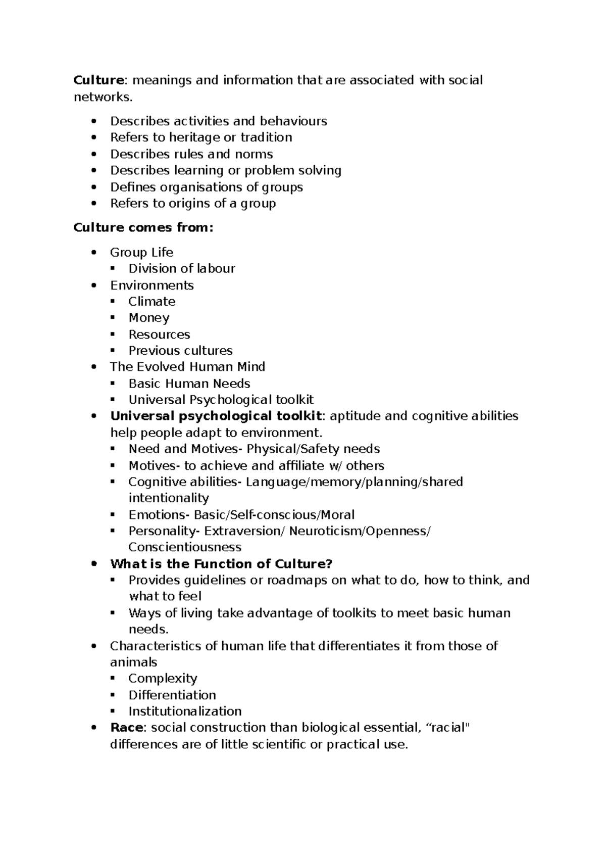 Psy revision - notes - Culture: meanings and information that are ...