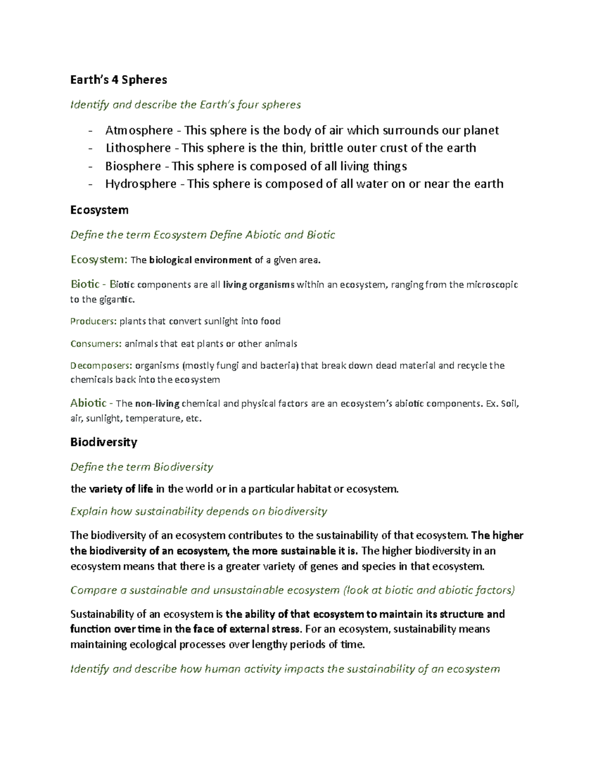 Earths 4 Spheres - Earth’s 4 Spheres Identify and describe the Earth’s ...