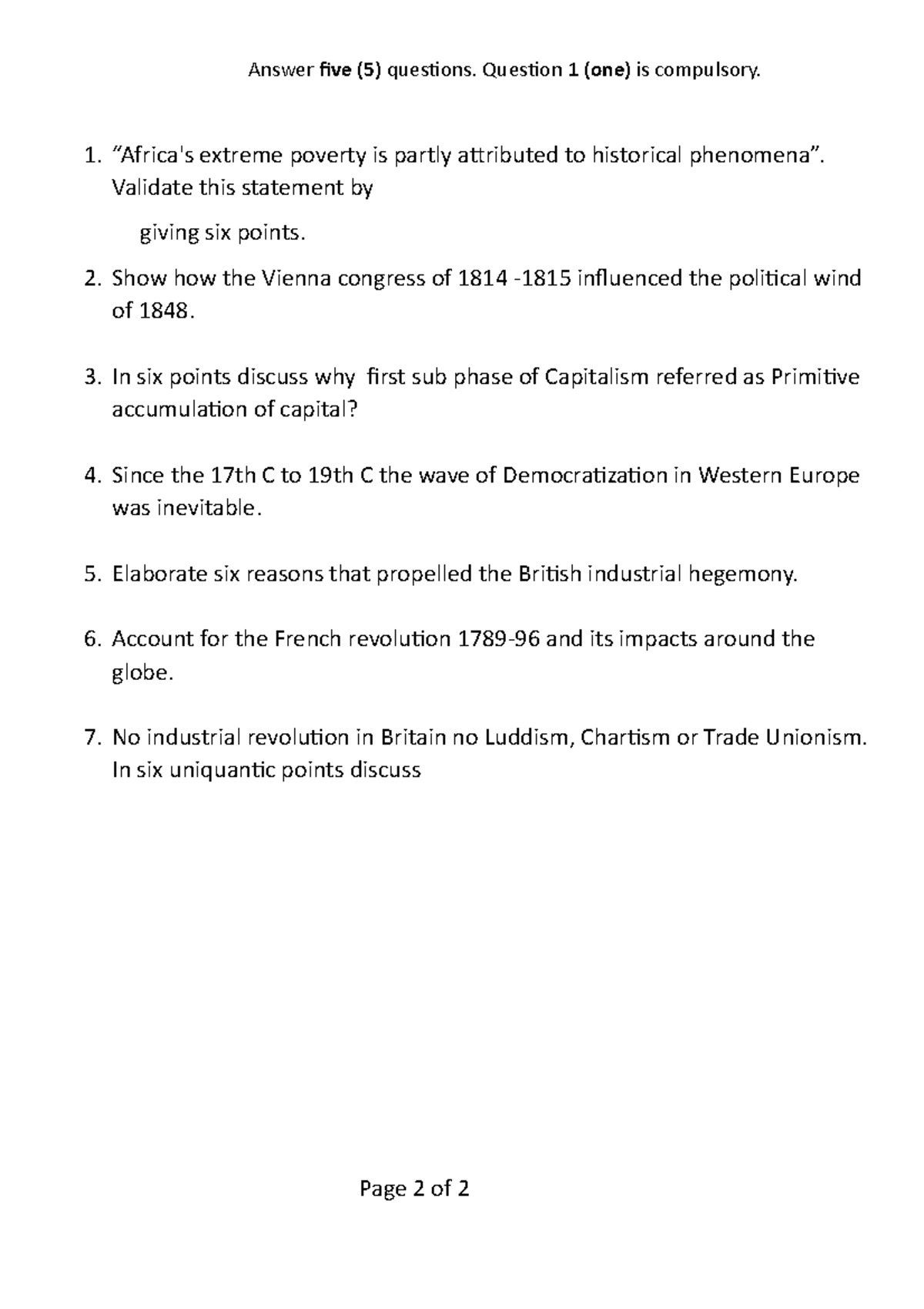 Julita H2 - History - Answer five (5) questions. Question 1 (one) is ...