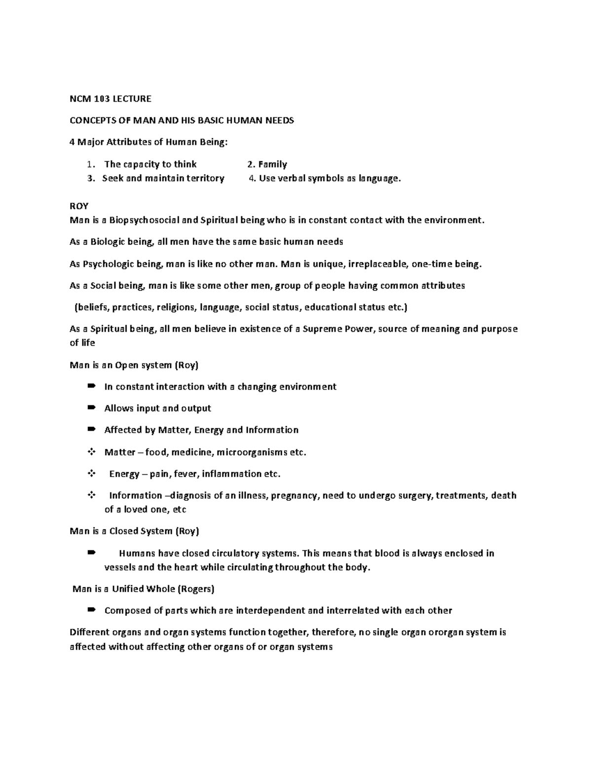 Merged NCM 103 Funda - asd - NCM 103 LECTURE CONCEPTS OF MAN AND HIS BASIC HUMAN NEEDS 4 Major ...