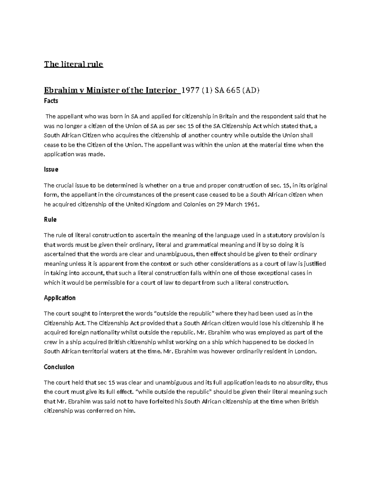 Ebrahim CASE - A case on interpretation of statutes - The literal rule ...