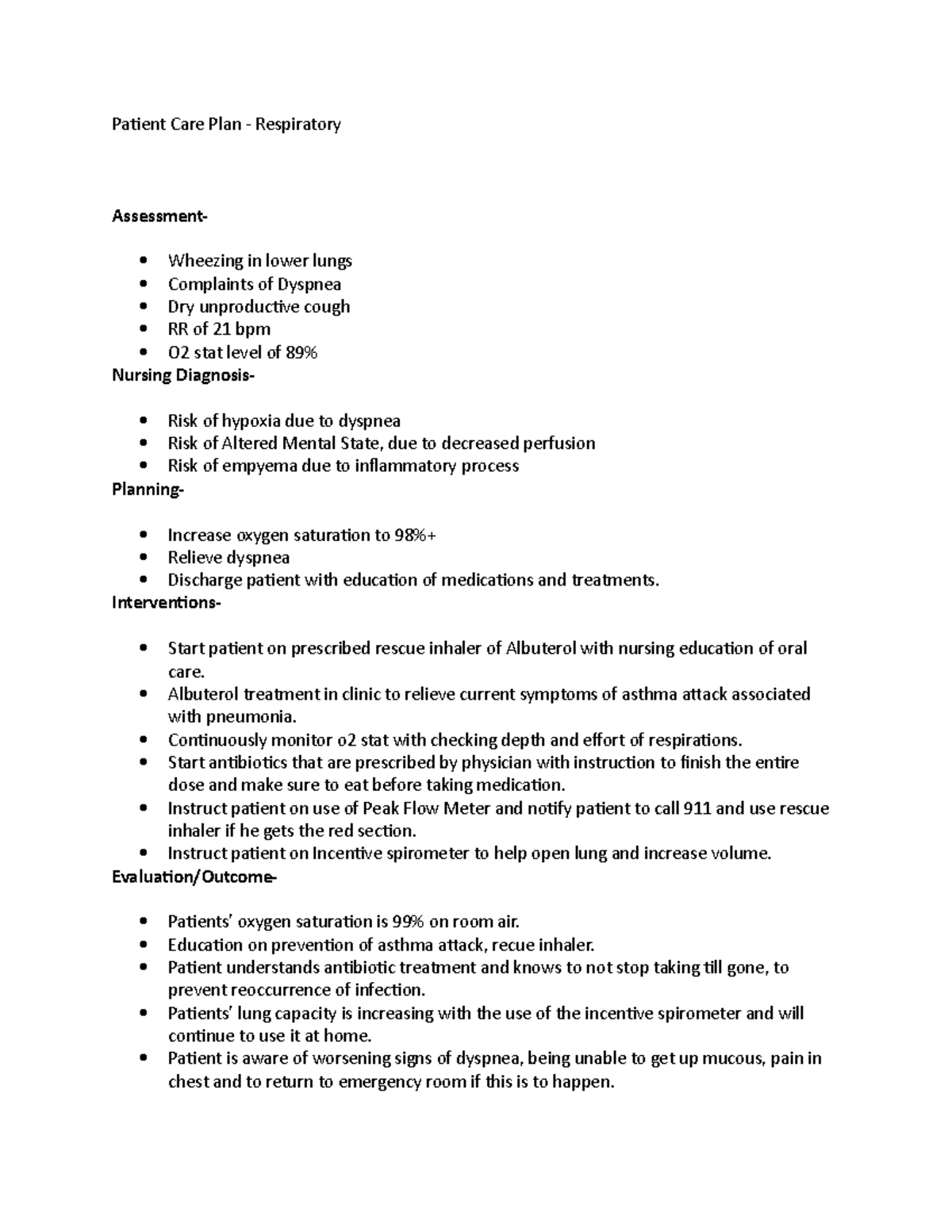 Respiratory Care Plan - Presentation - Patient Care Plan - Respiratory ...
