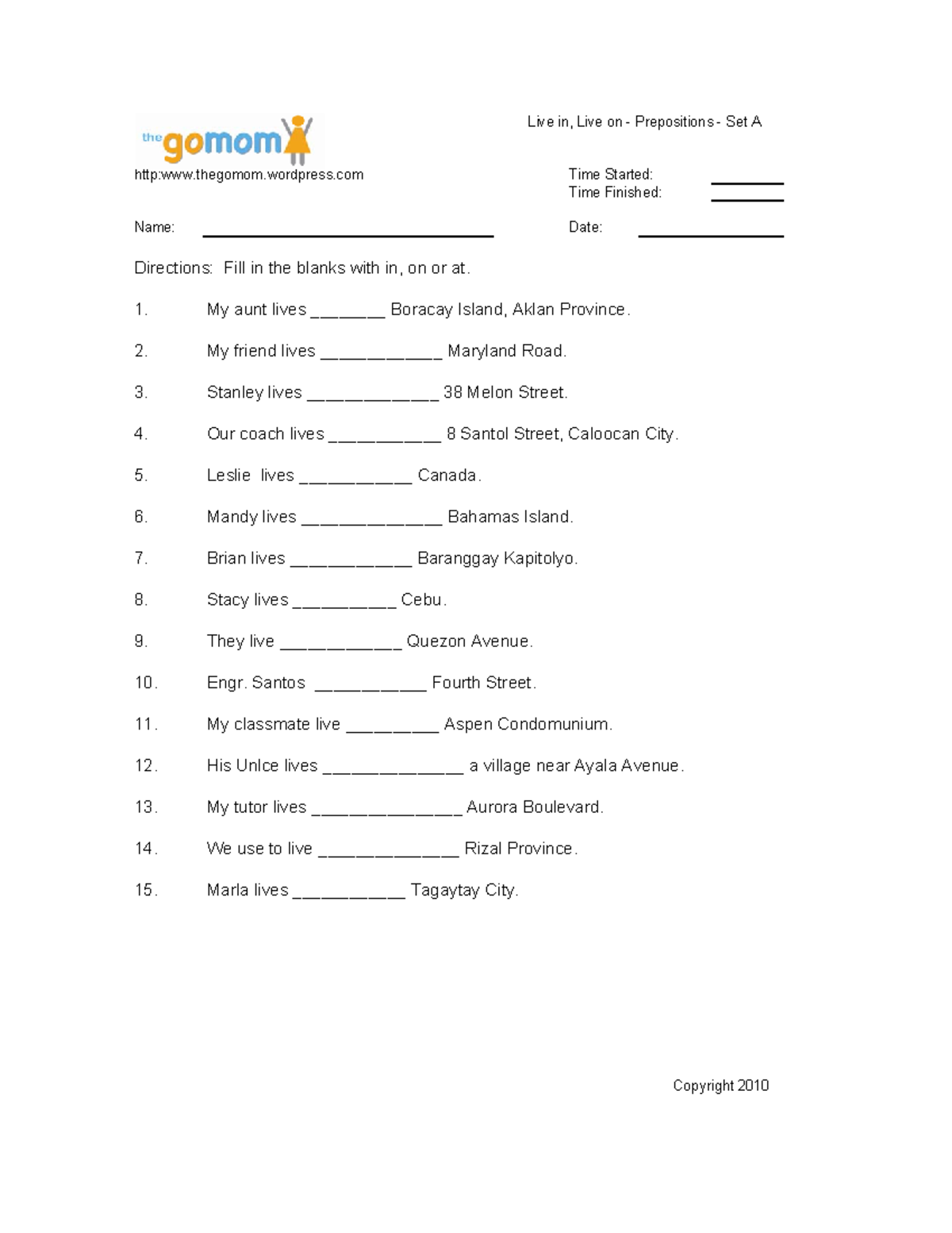 Live in on at prepositions 2 worksheets 2 - Live in, Live on ...