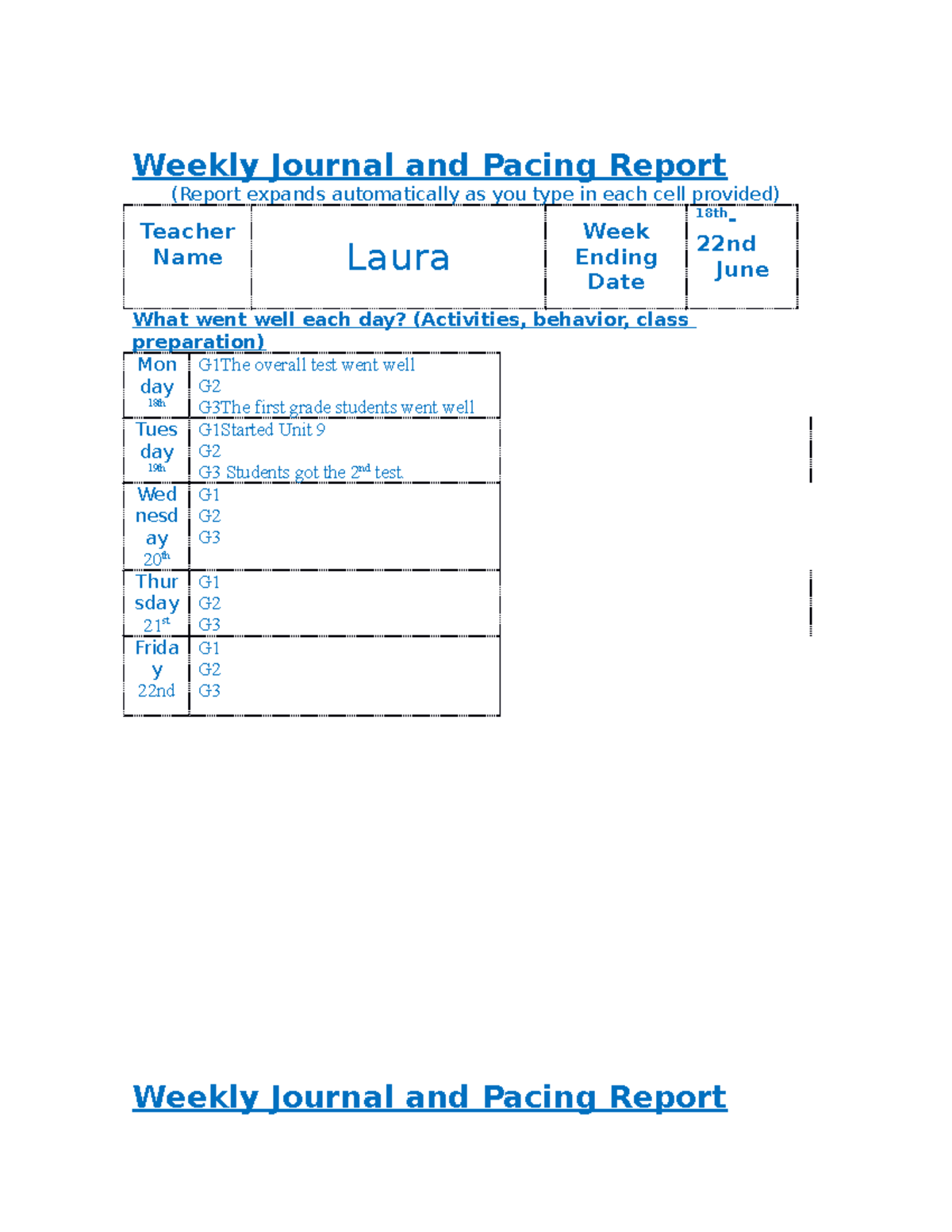 Weekly Journal and Pacing Report 1 - Weekly Journal and Pacing Report ...