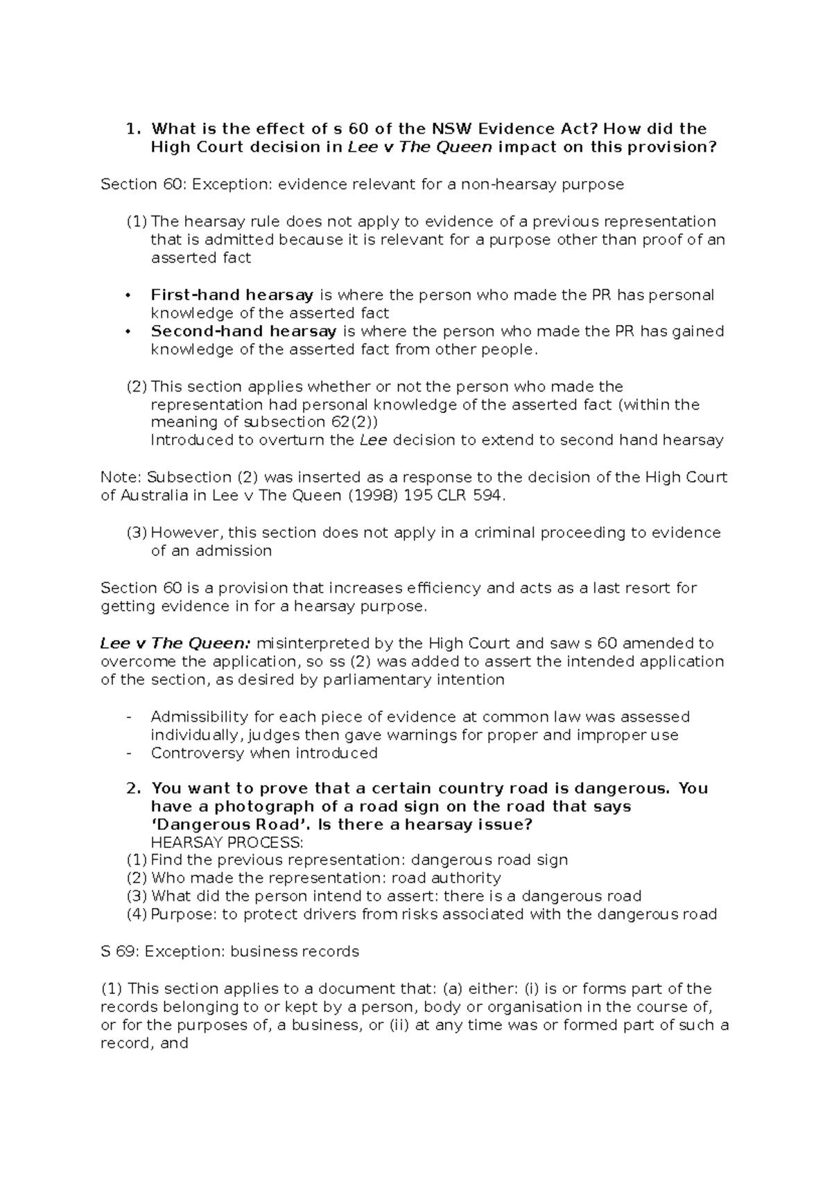 Tutorial 8 evidence - What is the effect of s 60 of the NSW Evidence ...