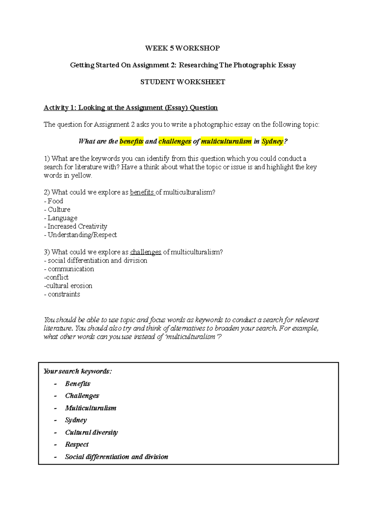 Week 5 Student Worksheet - WEEK 5 WORKSHOP Getting Started On ...