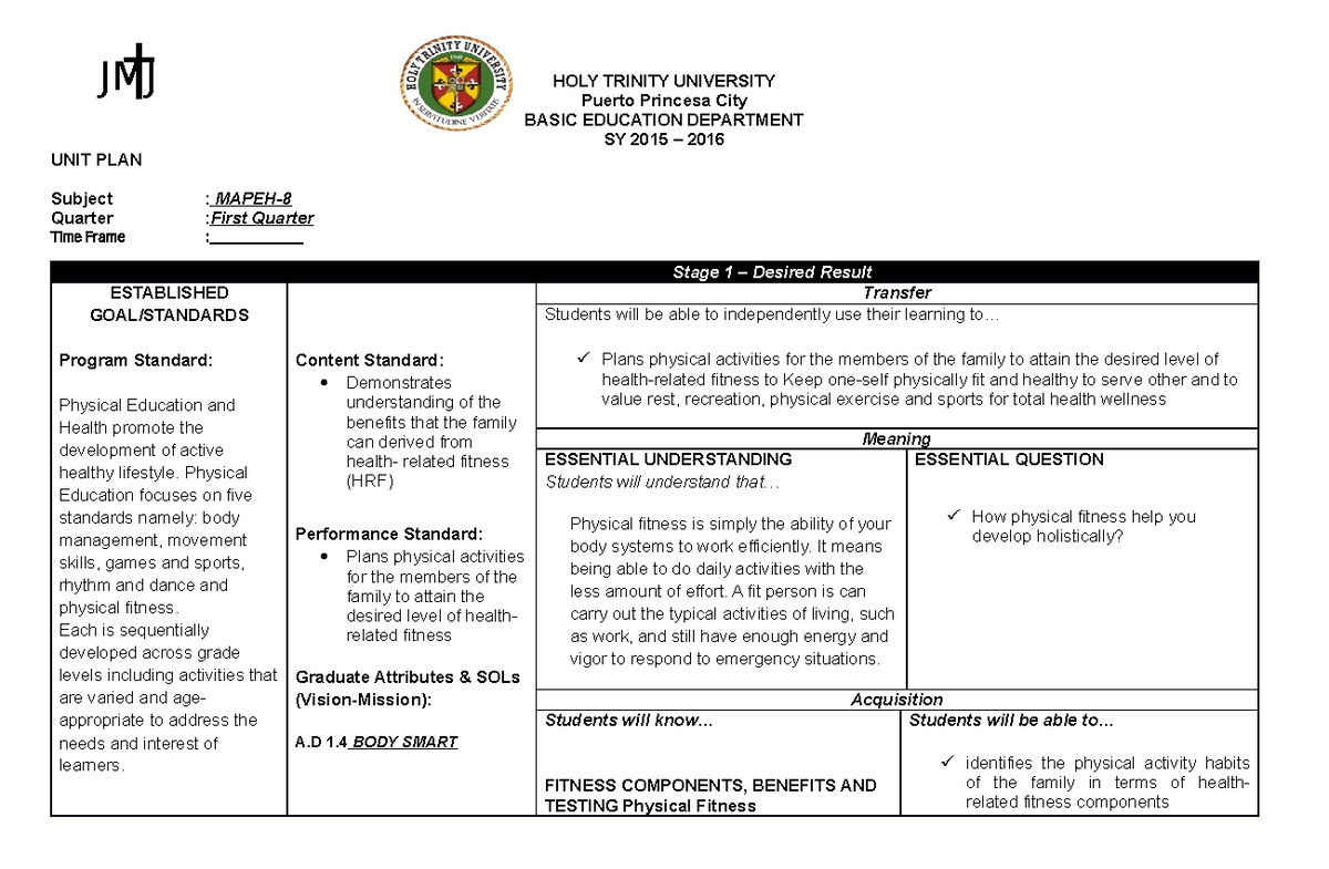 Unit Plan (P.E) Grade 8 - Unit Plan - HOLY TRINITY UNIVERSITY Puerto ...