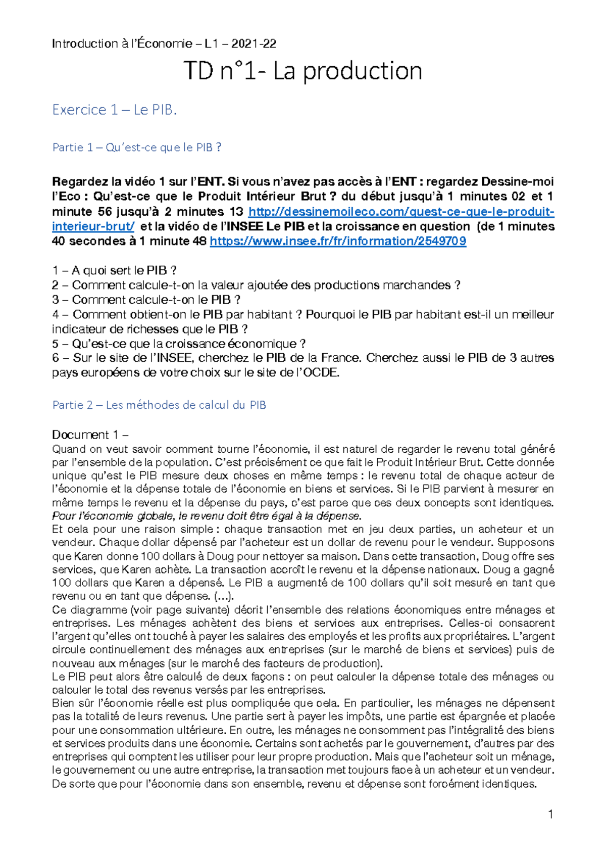 TD1 2021 22 - td1 sujet - TD n°1- La production Exercice 1 3 Le PIB ...