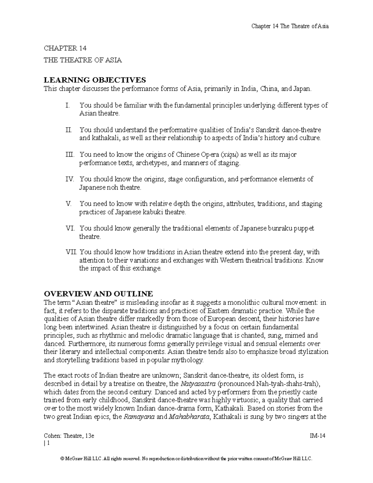 Chapter 14 Notes - Covers Asian Theatre - CHAPTER 14 THE THEATRE OF ...