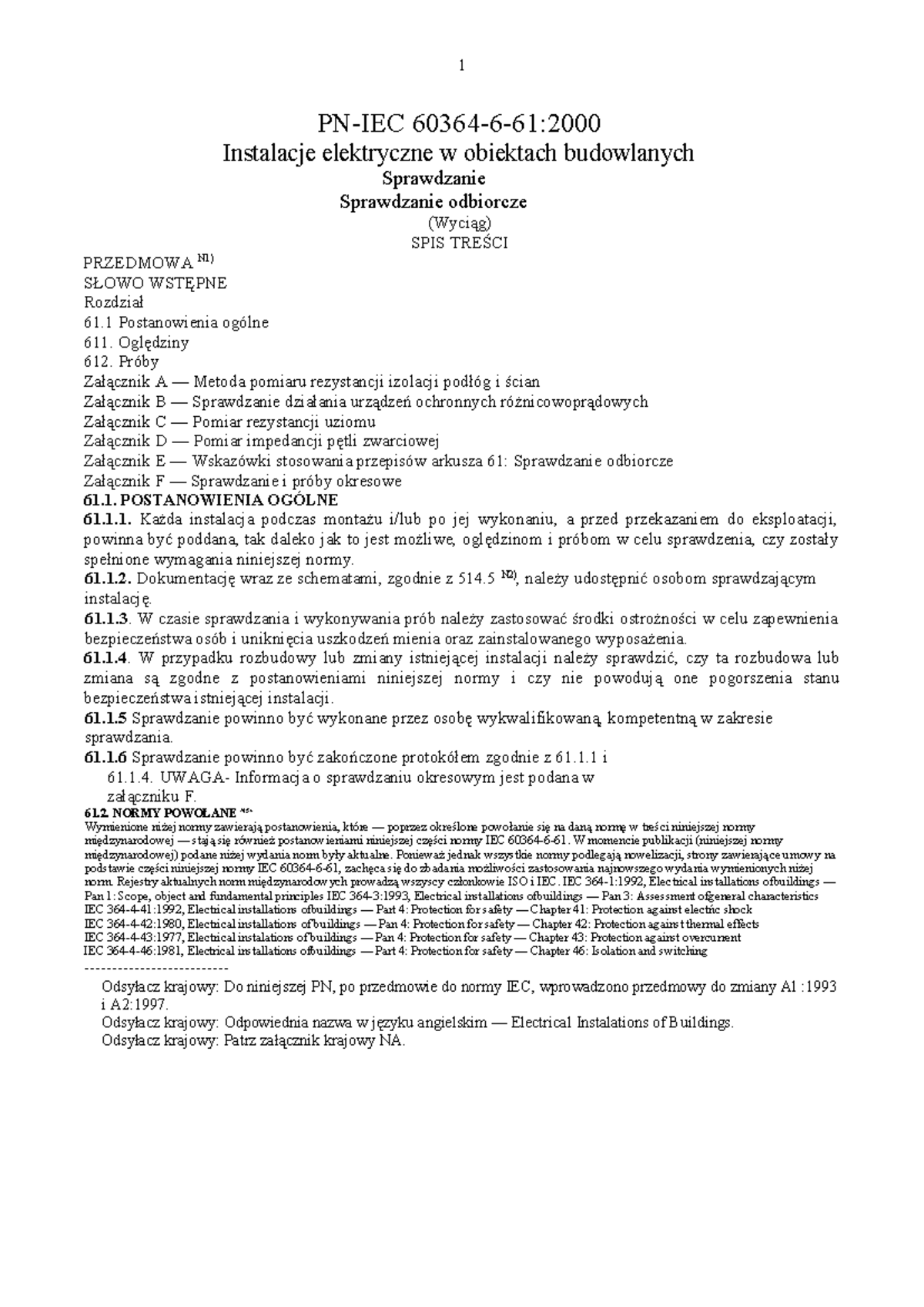 PN-IEC 60364-6-61 2000 Sprawdzanie odbiorcze - PN-IEC 60364-6-61 ...
