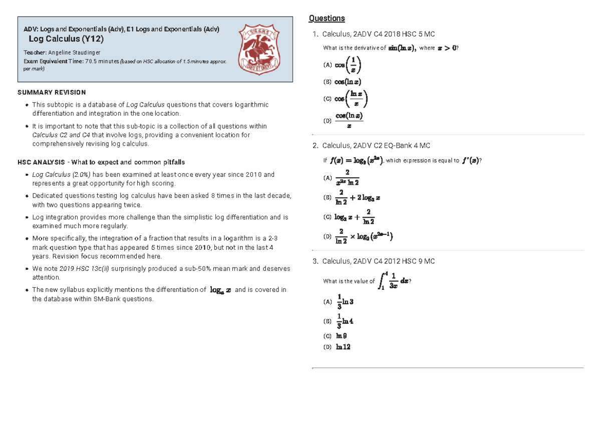 Smarter Maths - Yr 12 - Log Calculus - ADV: Logs and Exponentials (Adv ...