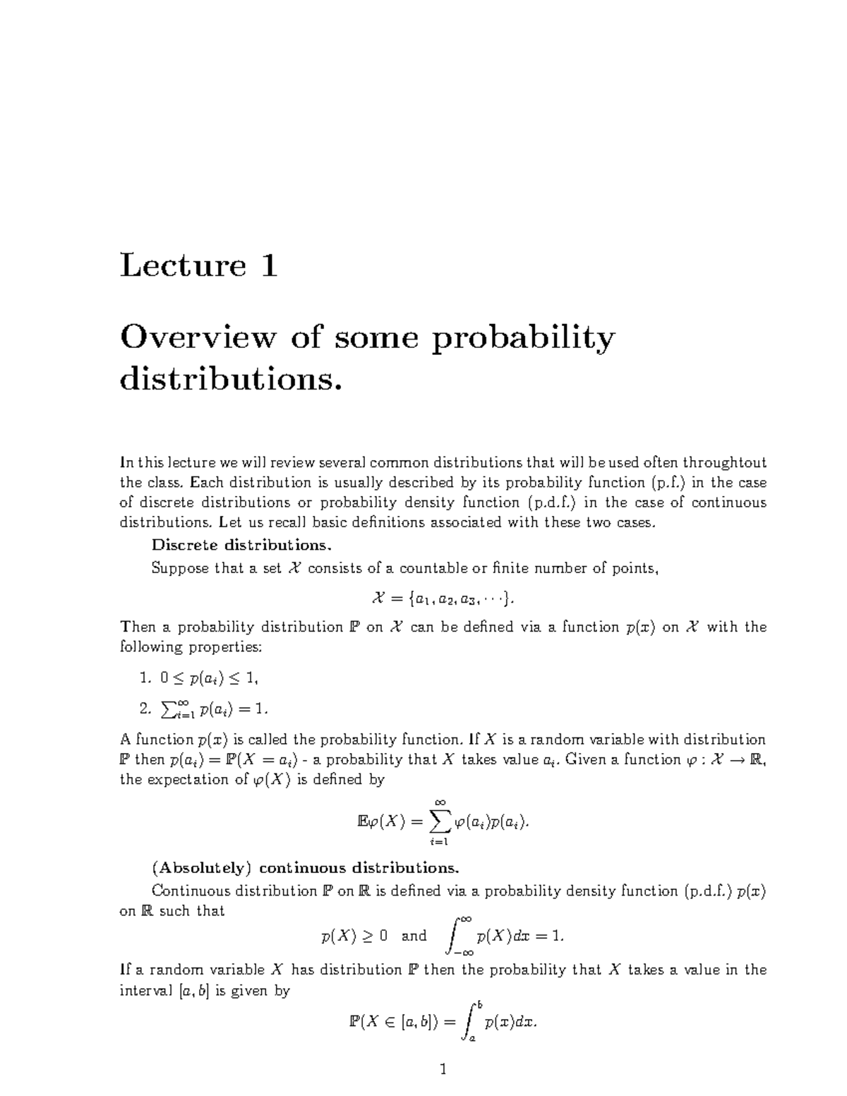 Lecture 1-Overview of some Probability Distributions - ∞ ∞ Lecture 1 ...
