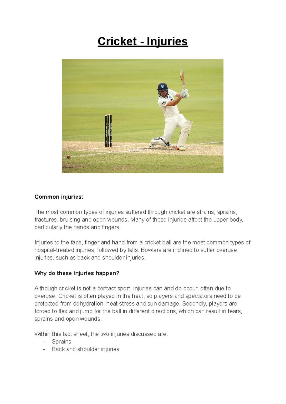 Cricket - PDHPE YR10 PRACTICE - Cricket - Injuries Common injuries: The ...