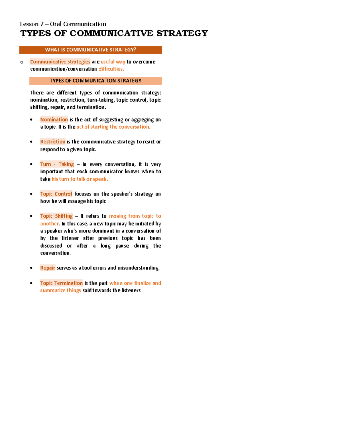 Types of Communicative Strategies - Lesson 7 – Oral Communication TYPES OF COMMUNICATIVE ...