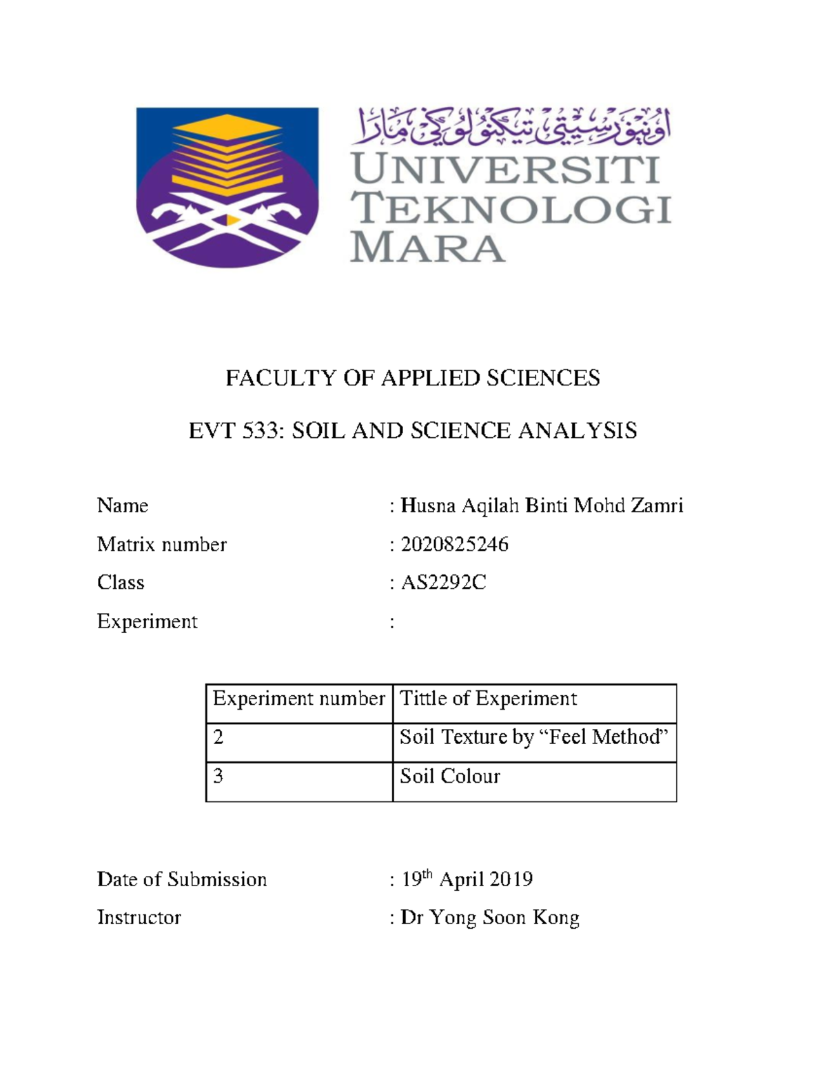 LAB Report EXP 2(SOIL Texture) AND 3 (SOIL Colour) - FACULTY OF APPLIED ...