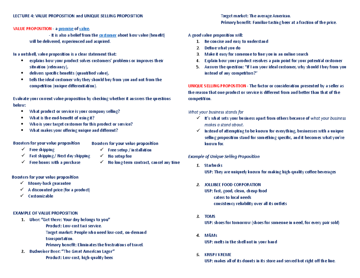1Q LEC 4 Value AND USP - Entrep 123 - LECTURE 4: VALUE PROPOSITION and ...