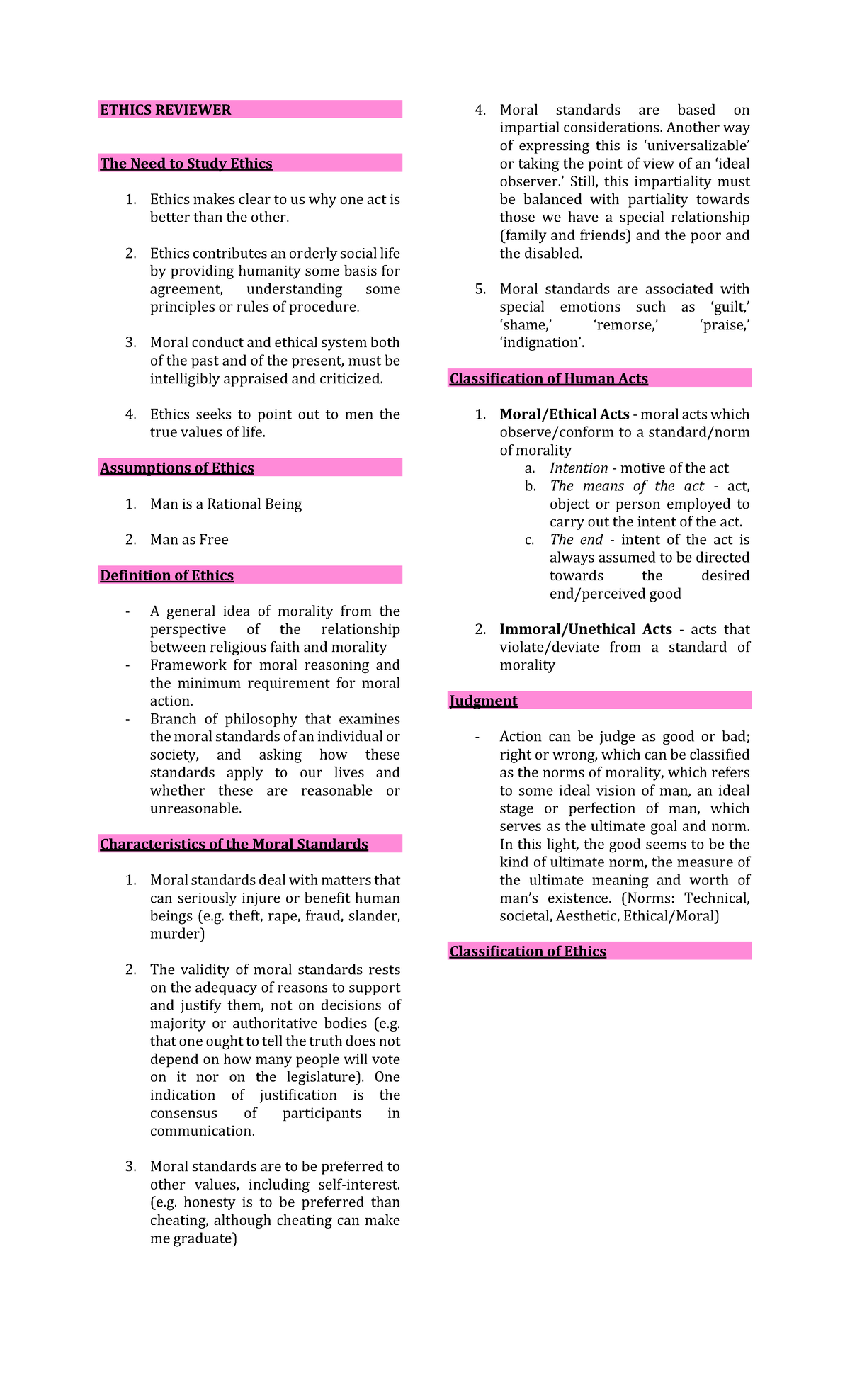 [ Midterm] Ethics Reviewer - ETHICS REVIEWER The Need to Study Ethics 1 ...