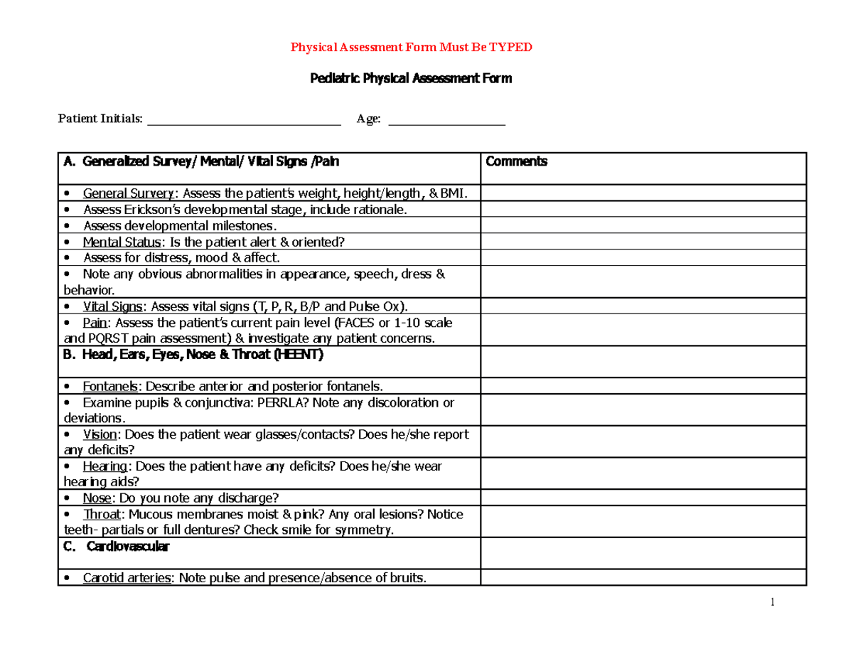 Pediatric Physical Assessment Form - Appendix B - Pediatric Physical ...