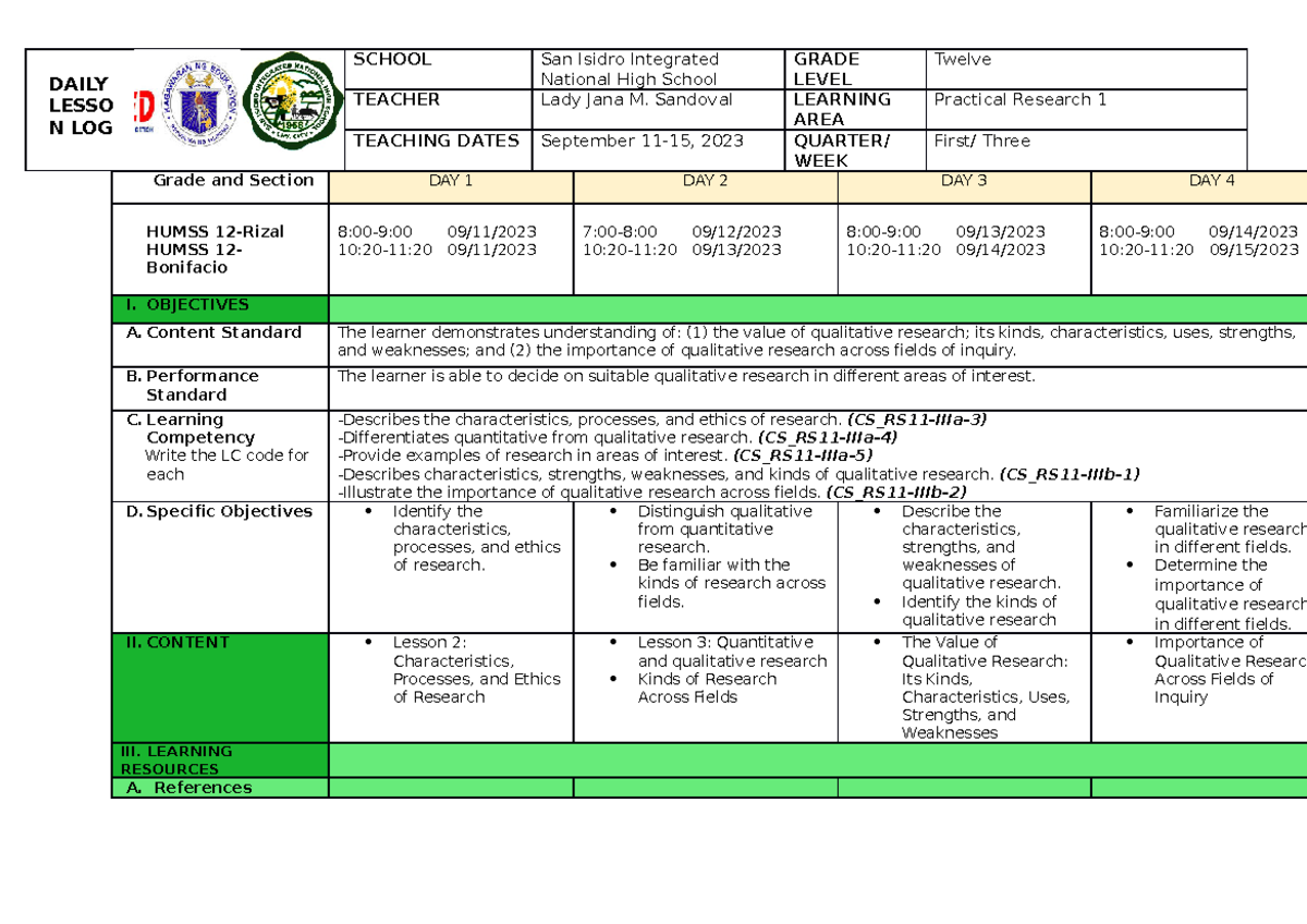Q1.Week 2 - Lesson Plan - SCHOOL San Isidro Integrated National High School GRADE LEVEL Twelve ...