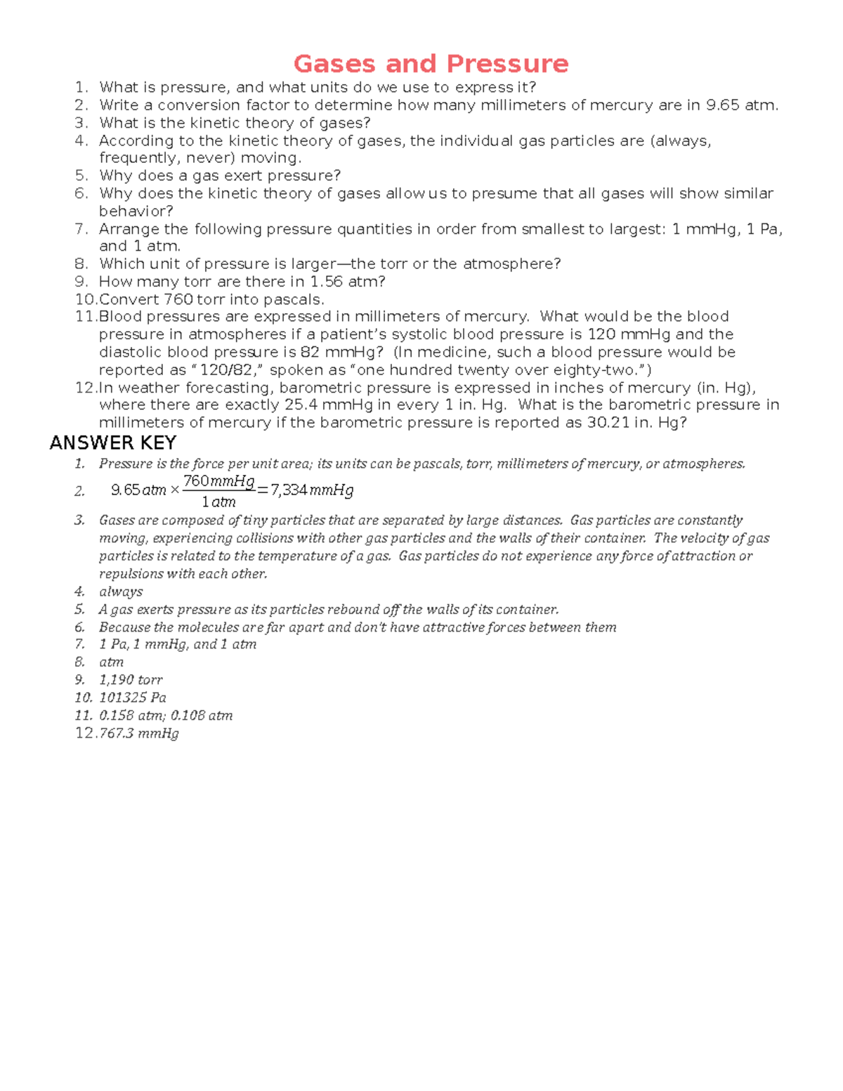 Section 8.3 Worksheet - practice questions - Gases and Pressure What is ...