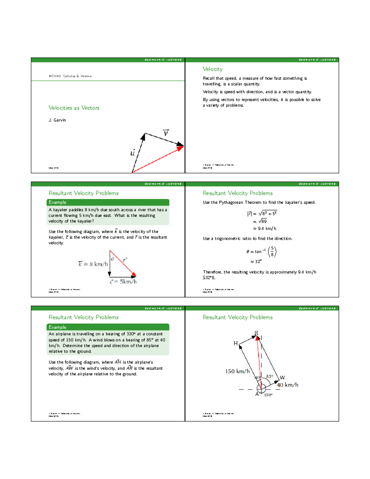 Velocities as vectors handout - g e o m e t r i c v e c t o r s MCV4U ...