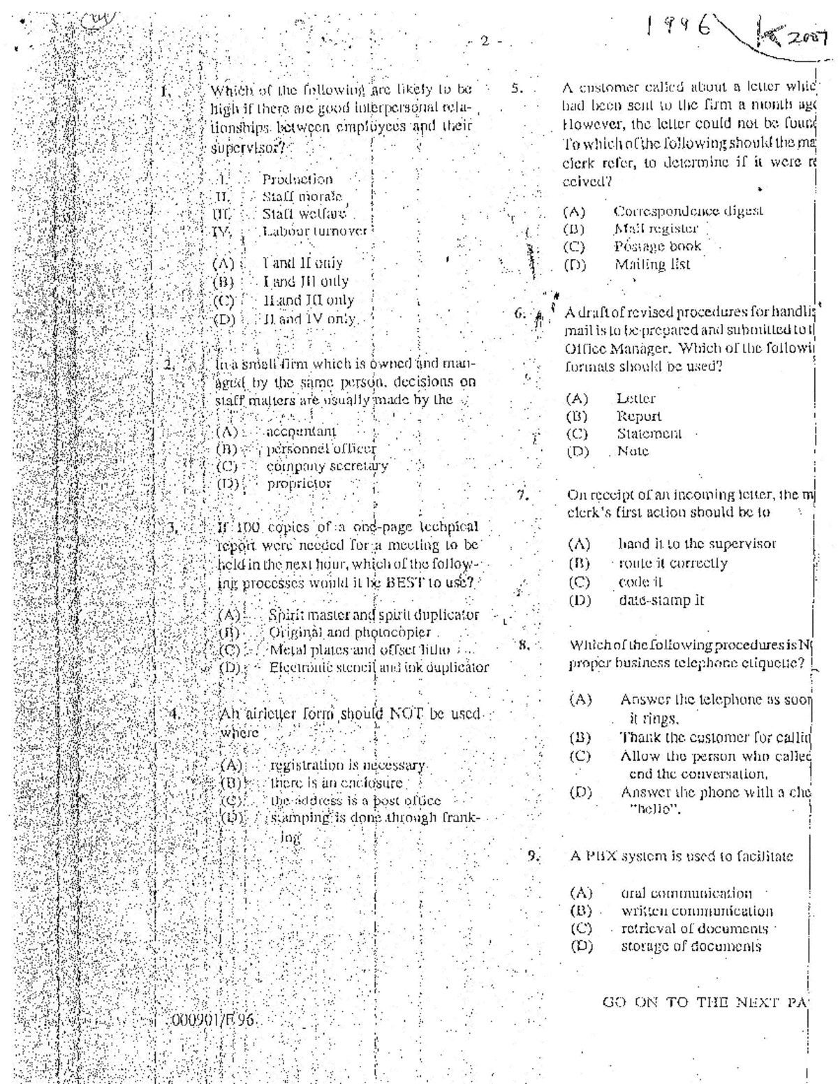 Multiple Choice K - its a past paper - Office Administration - Studocu