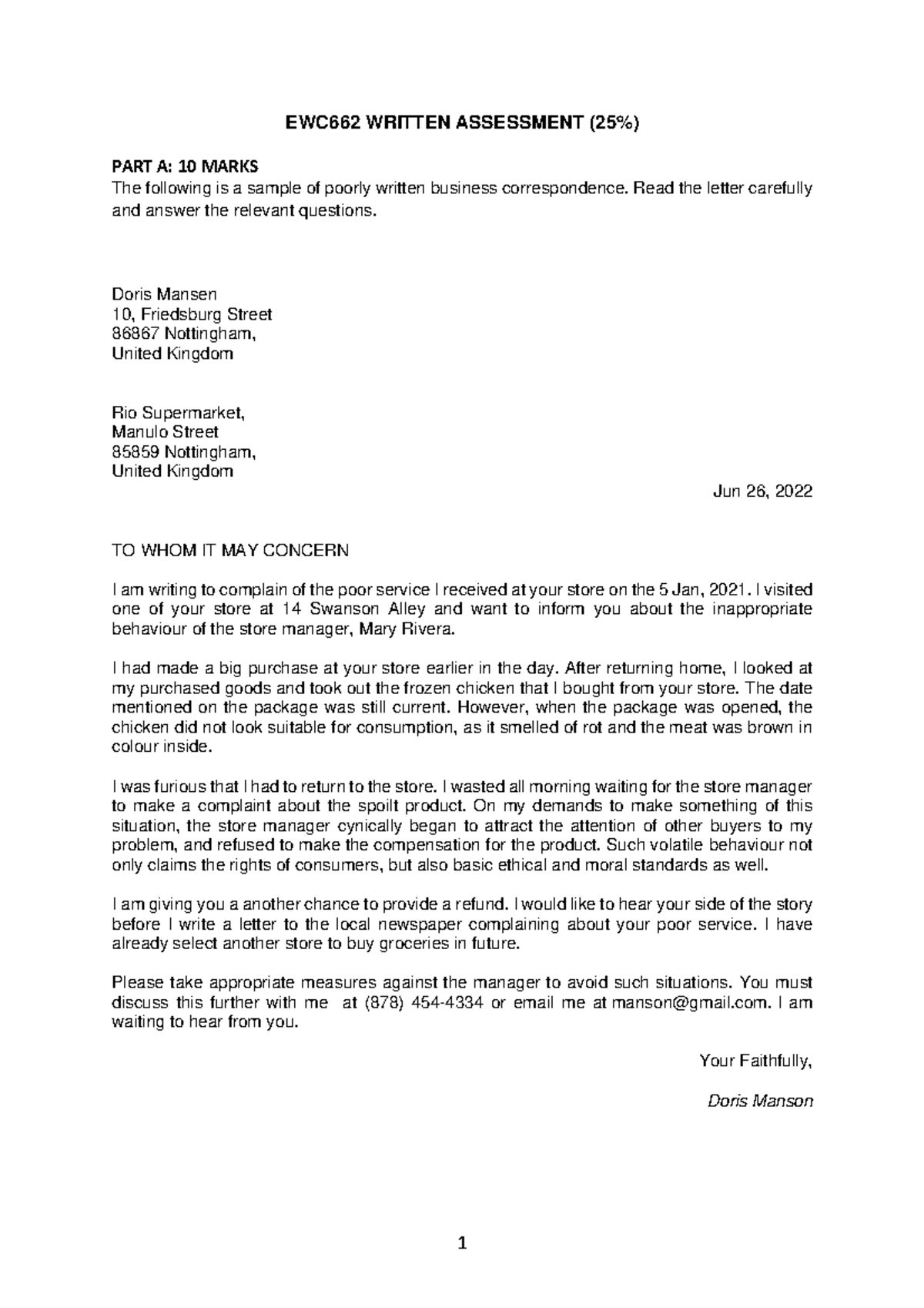 Written Assignment EWC662 - 1 EWC662 WRITTEN ASSESSMENT (25%) PART A ...