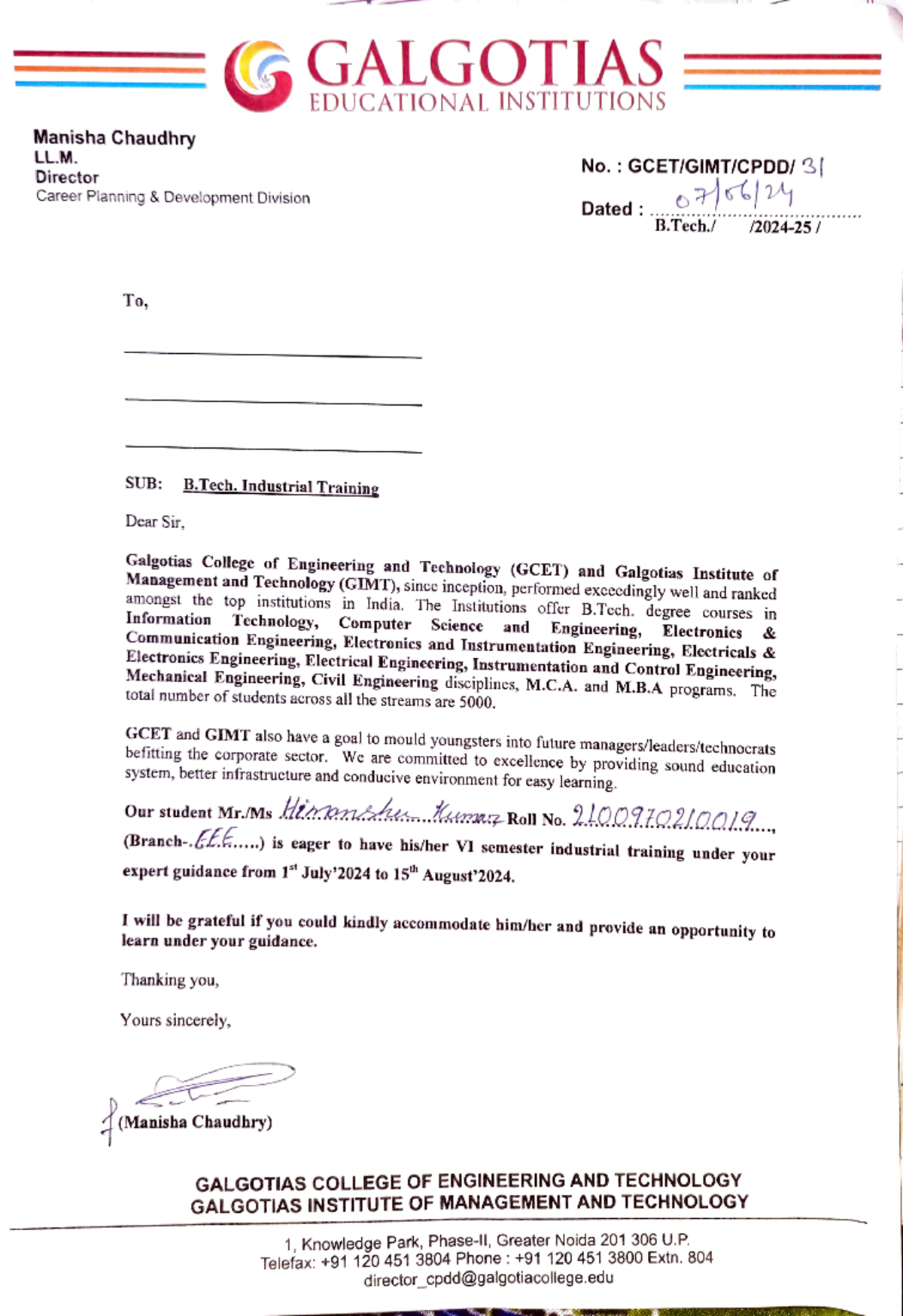 NOC - Training report of bses company - Manisha Chaudhry LL. Director ...