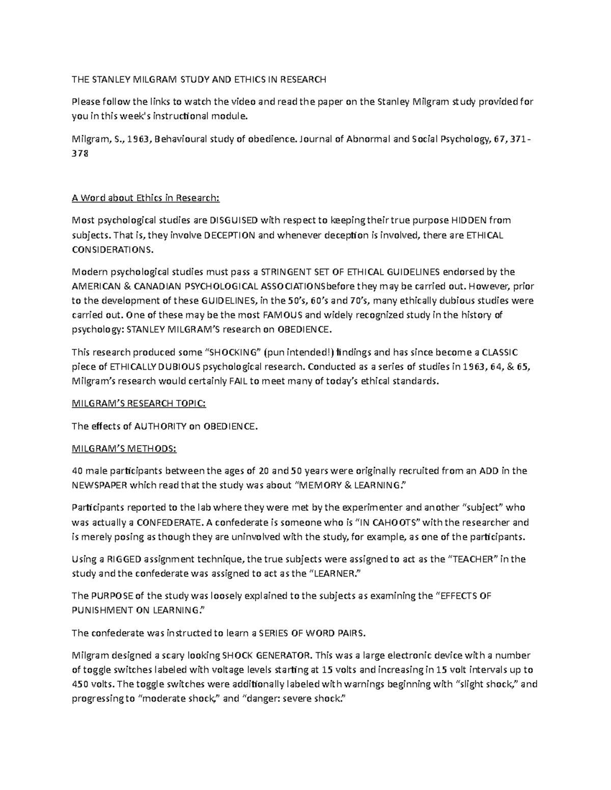 THE Stanley Milgram Study AND Ethics IN Research - THE STANLEY MILGRAM ...