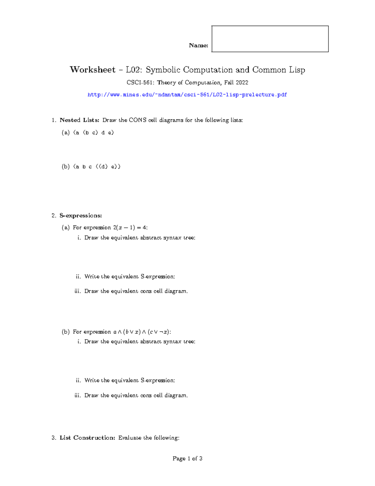 L02 Lisp Worksheet Worksheet Name Worksheet L02 Symbolic