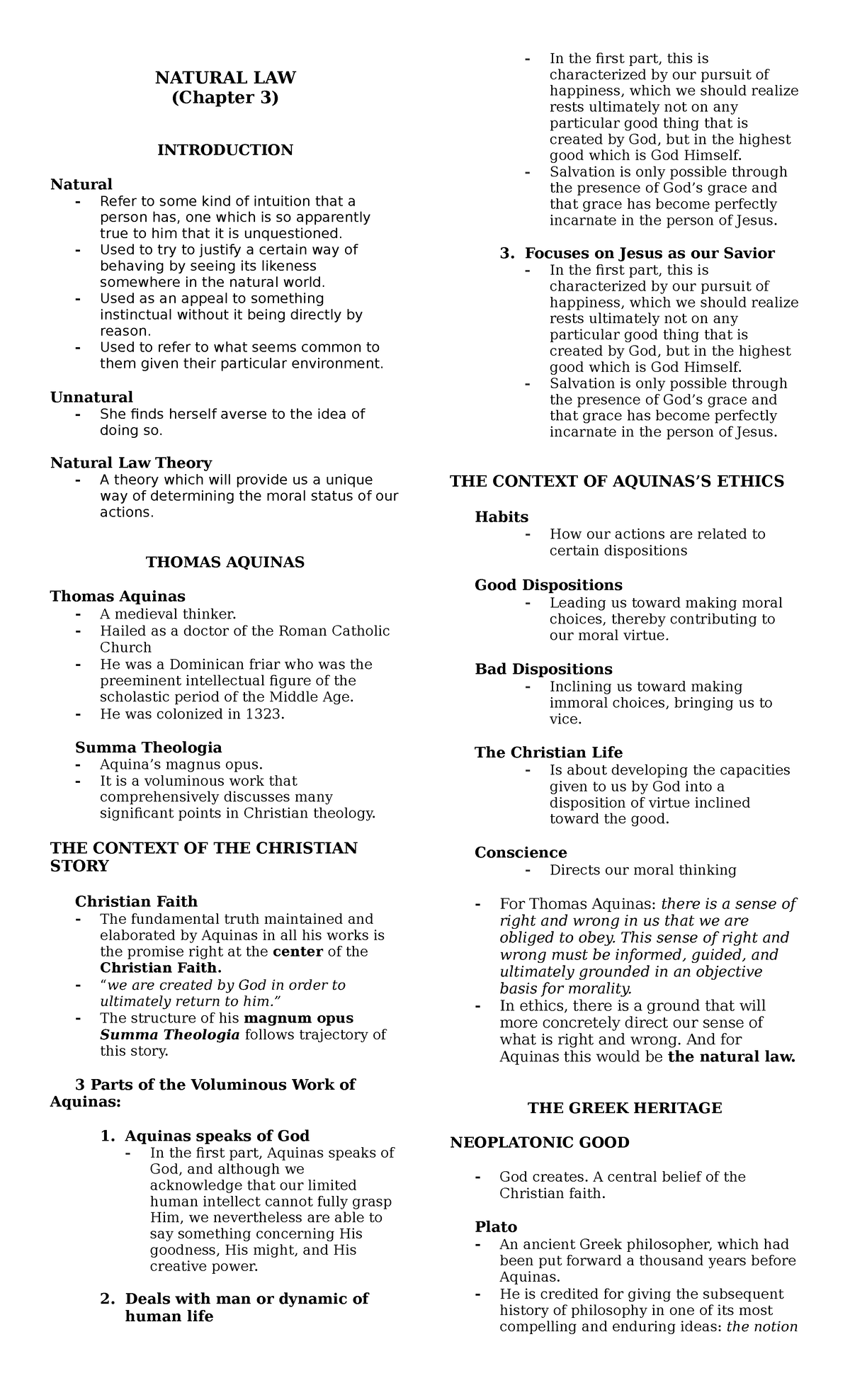 Ethics - Notes ( Midterms) - NATURAL LAW (Chapter 3) INTRODUCTION ...